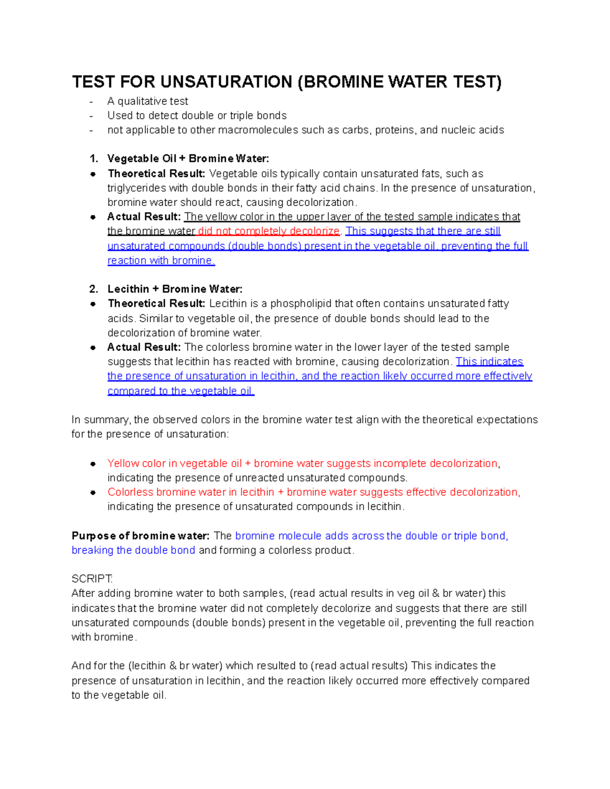 Reporting chem - side notes - TEST FOR UNSATURATION (BROMINE WATER TEST ...