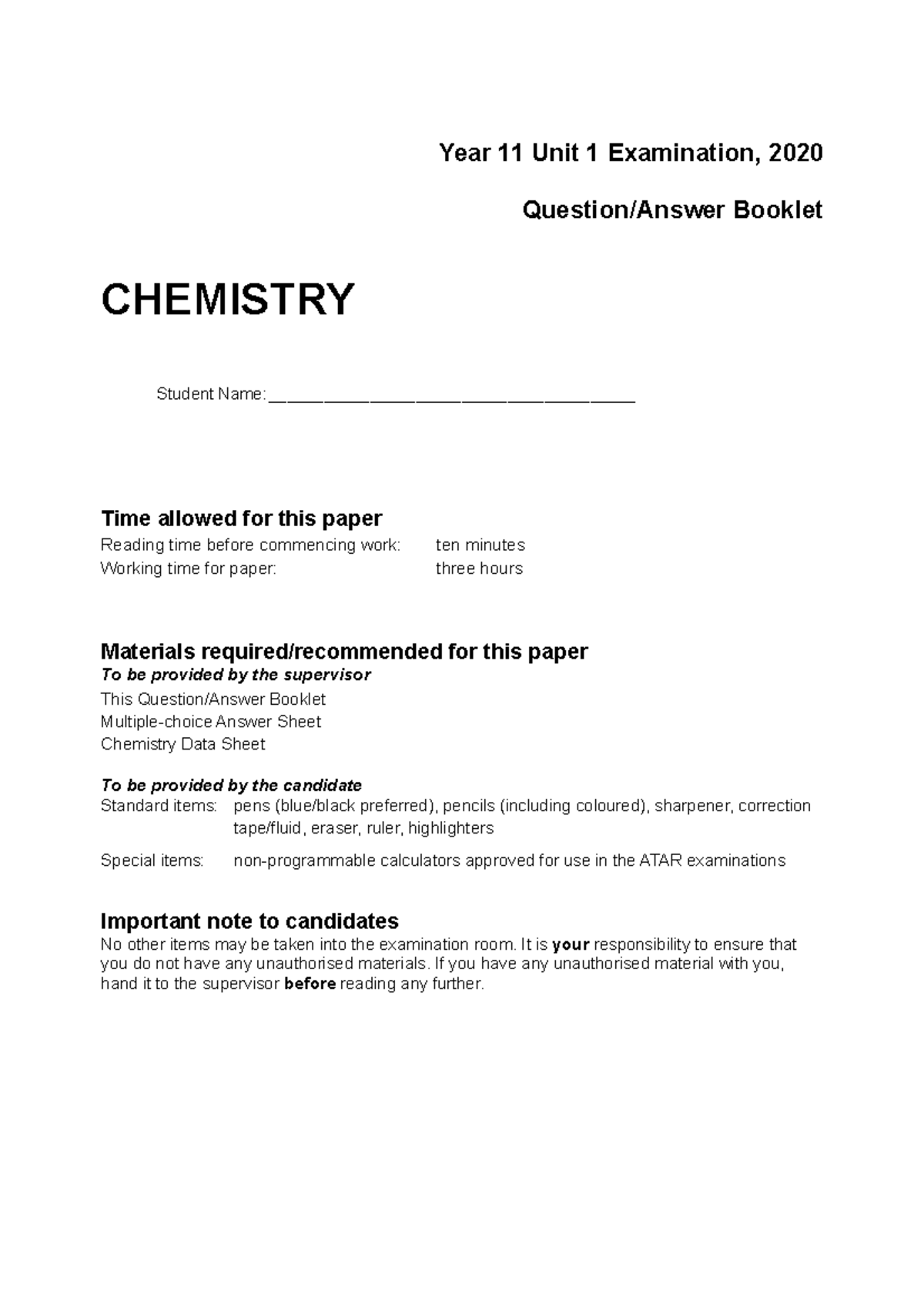 Chemistry-Year-11-Semester-1-2020. 23 practice paper - Year 11 Unit 1 ...