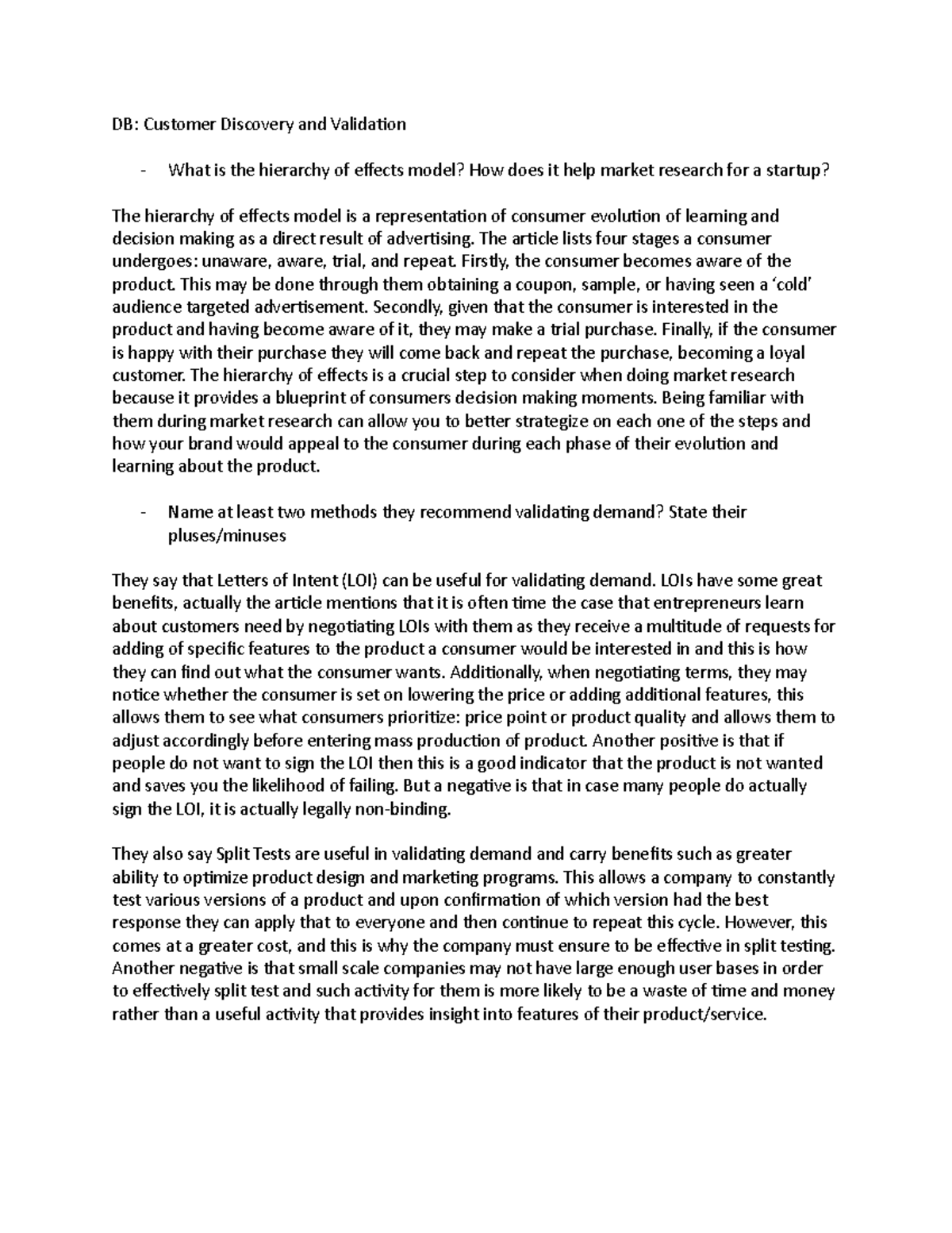 Hierarchy of Effects Model and Validating Demand for Startups - Studocu