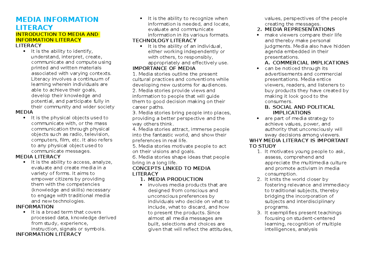 MIL- Reviewer - MEDIA INFORMATION LITERACY INTRODUCTION TO MEDIA AND ...