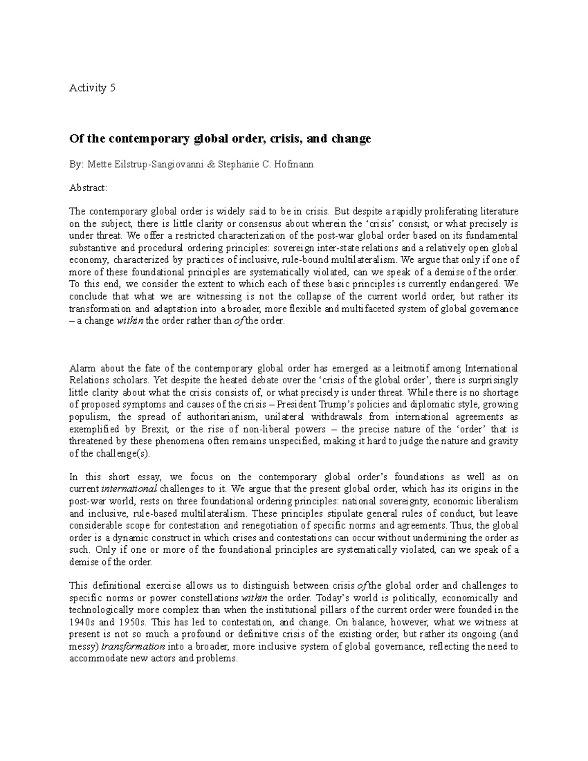 Article Contemp - Activity 5 Of the contemporary global order, crisis ...