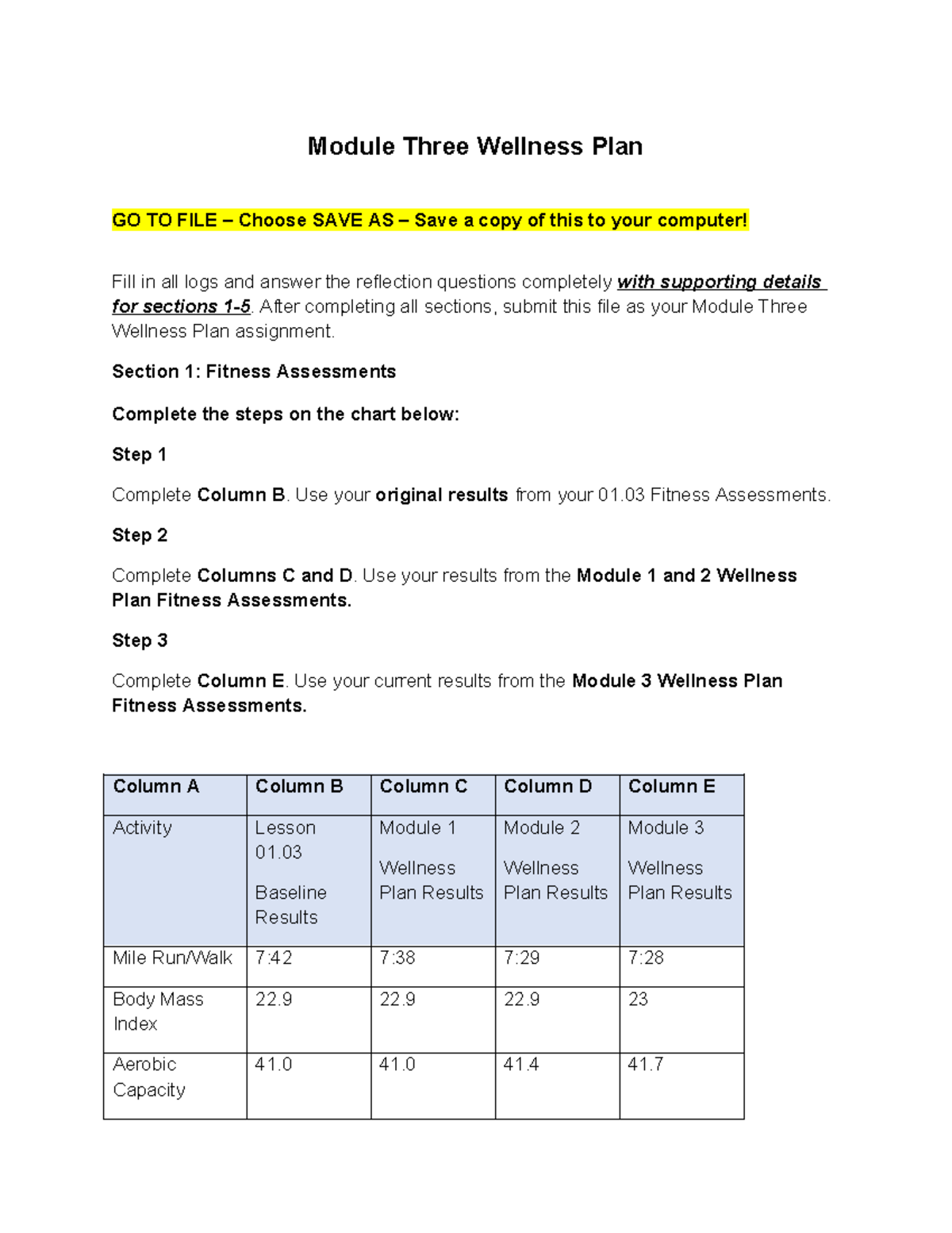 Module three wellness plan - Module Three Wellness Plan GO TO FILE ...