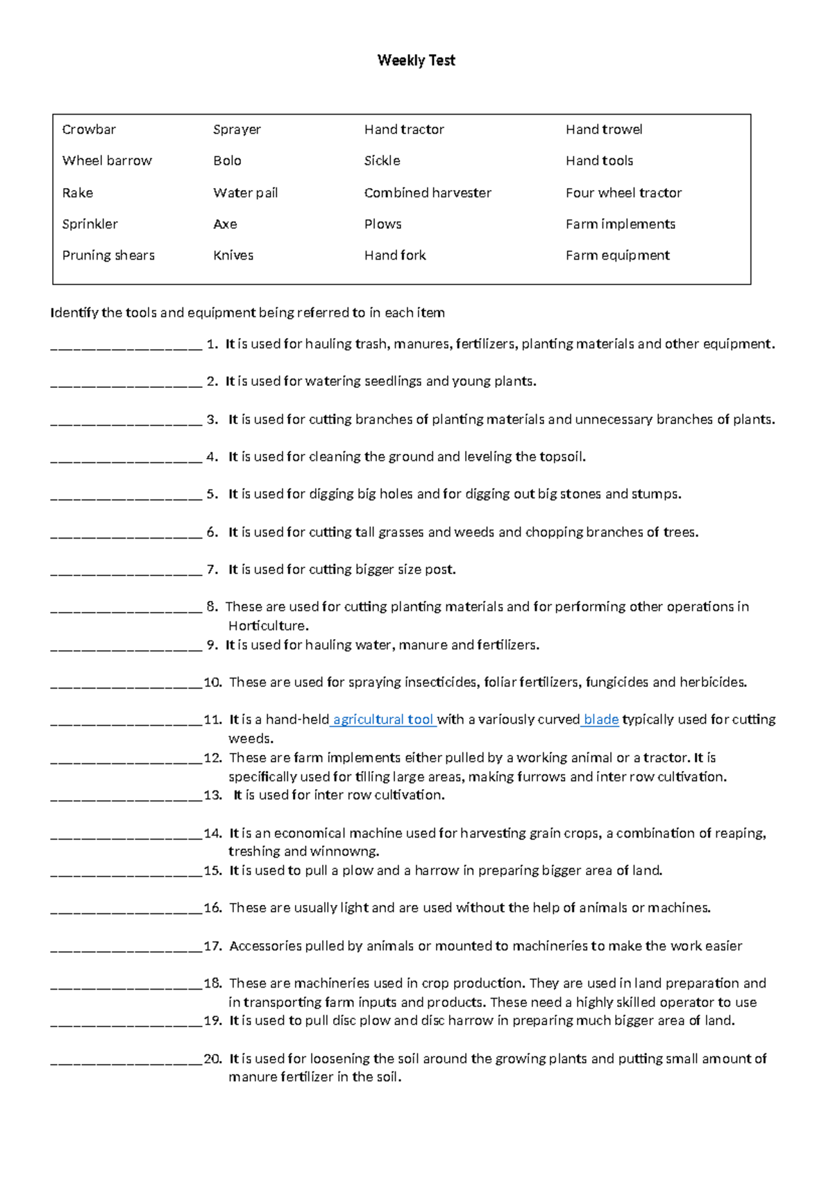 Weekly Test in Farm Tools and Equipment - Weekly Test Identify the ...