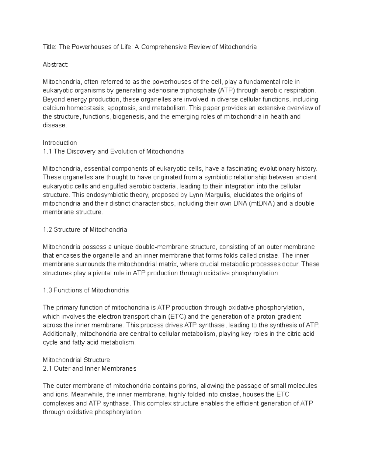 Title The Powerhouses of Life A Comprehensive Review of Mitochondria ...