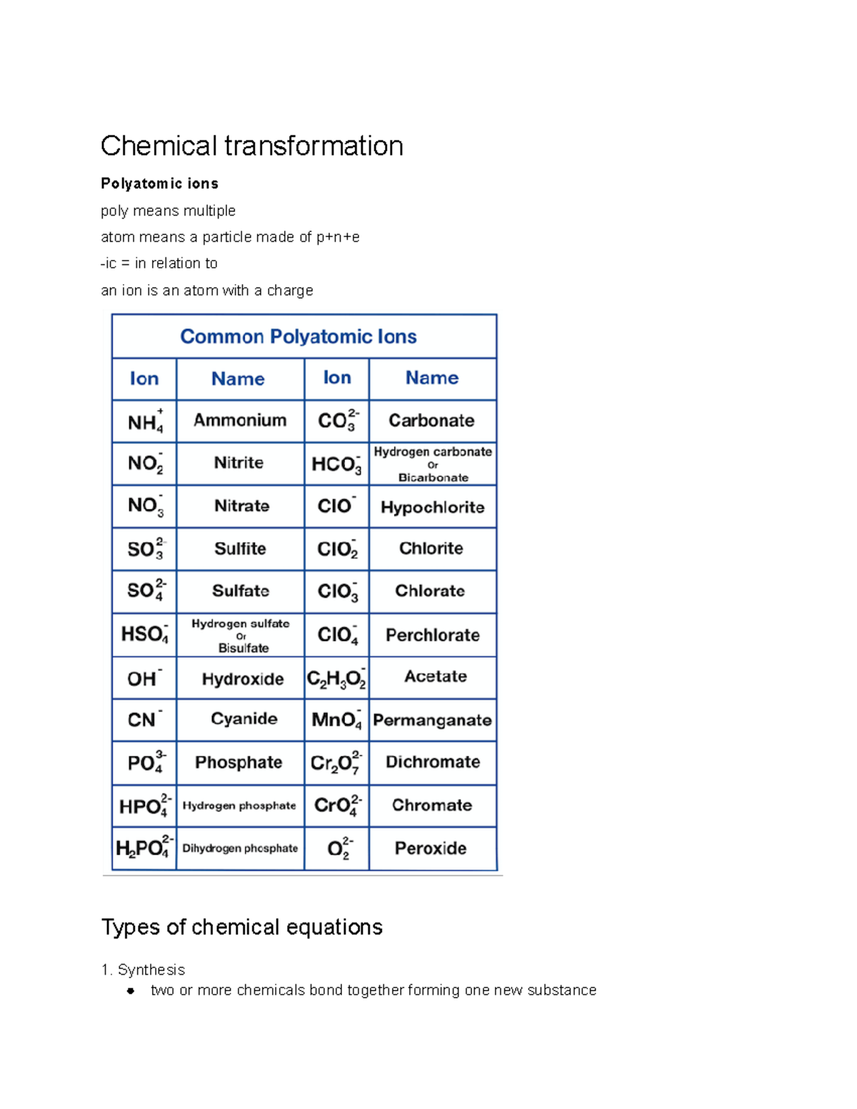 Chem- unit 4 - Chemical transformation, types of chemical equations ...