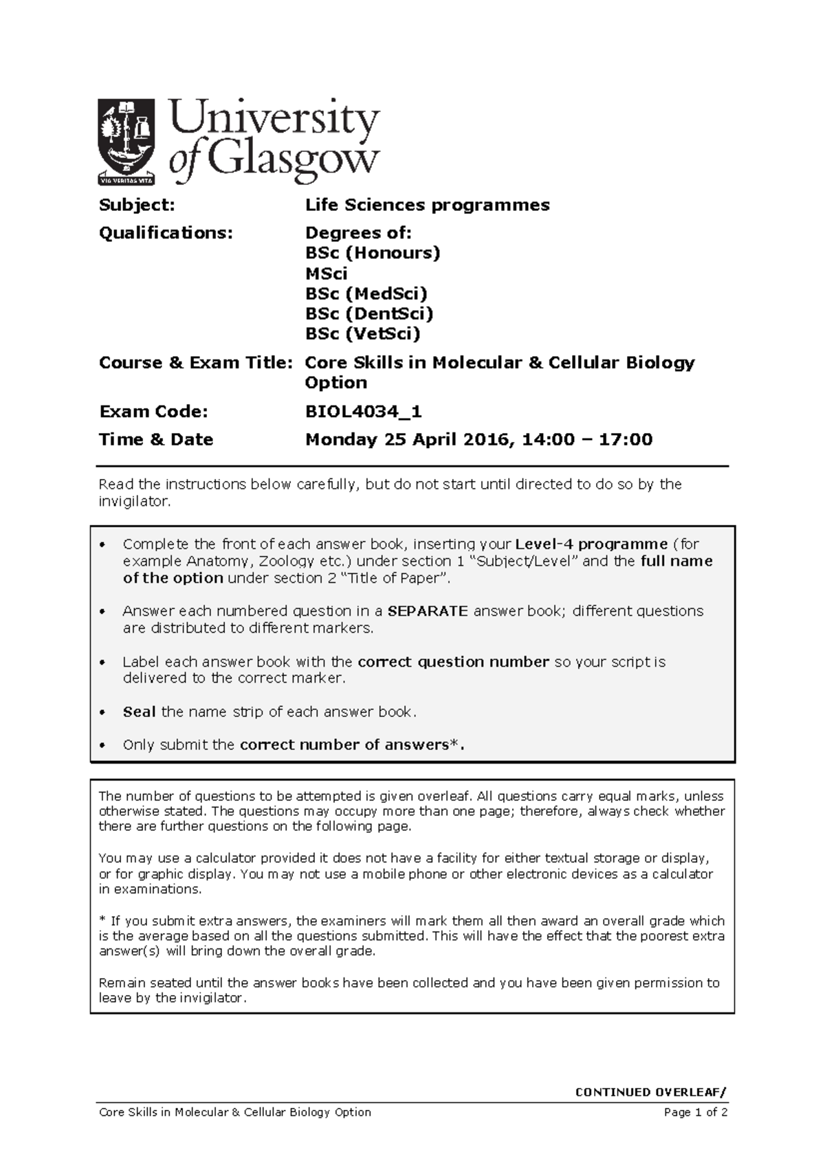 Exam 5 May 2016, questions - CONTINUED OVERLEAF/ Core Skills in ...