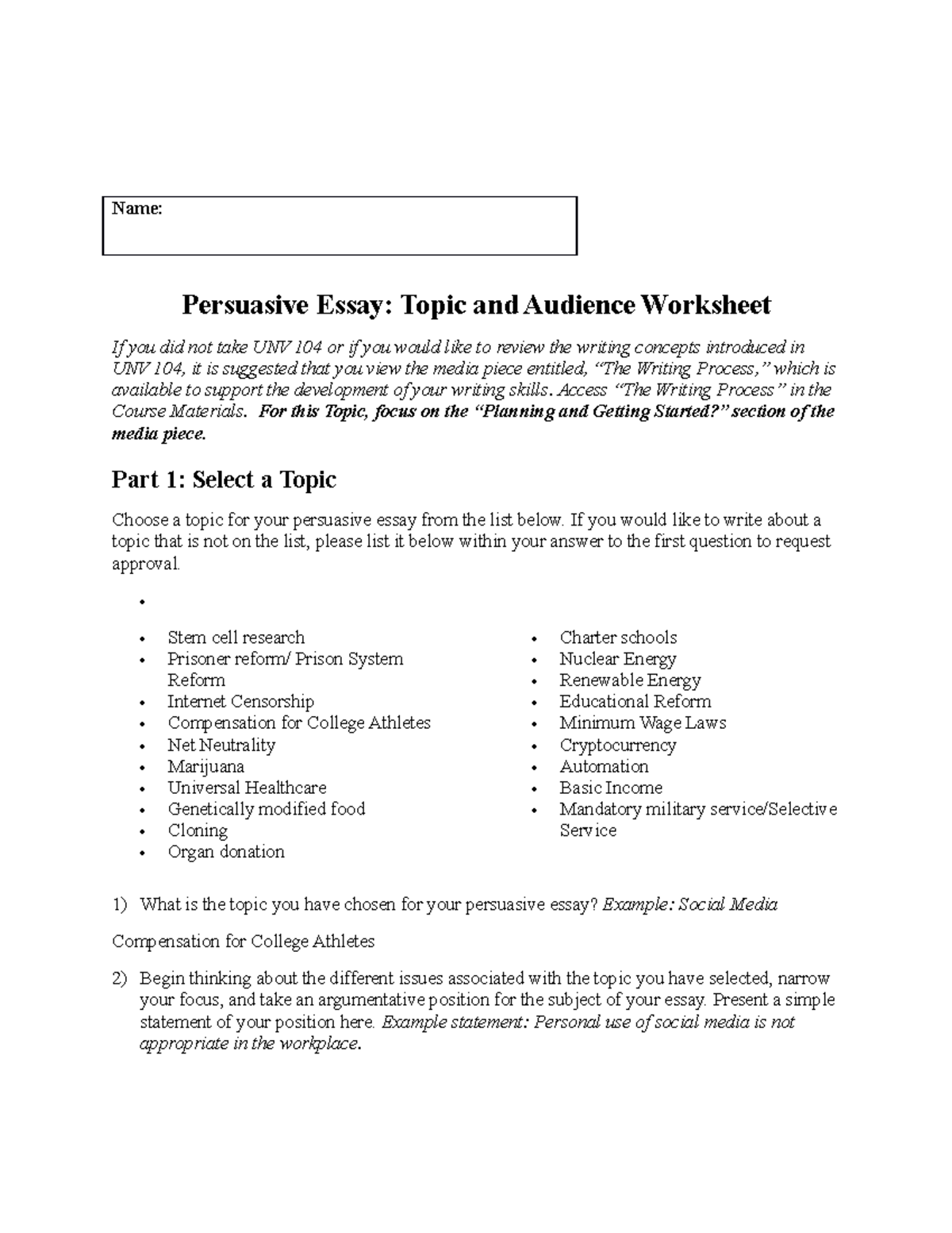 T1 Topicand Audience Worksheet PHI105 Persuasive Essay Planning 9 5 22 ...