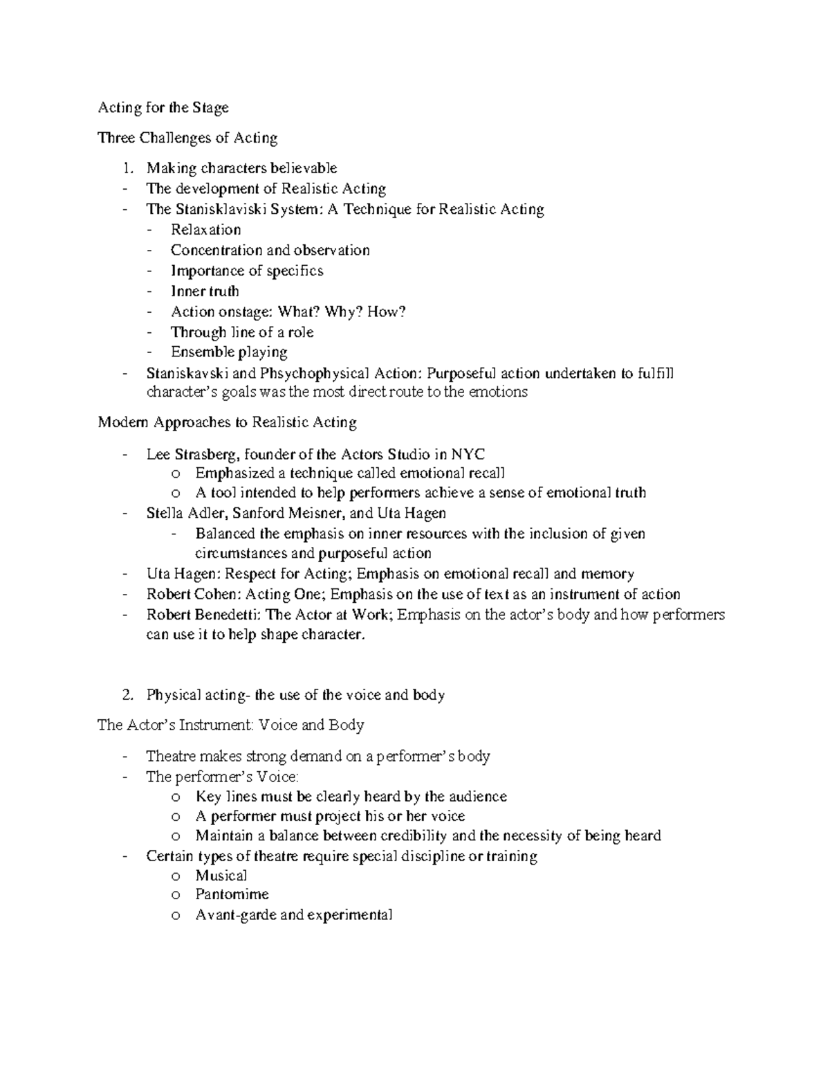 Acting for the stage - class notes - Acting for the Stage Three ...