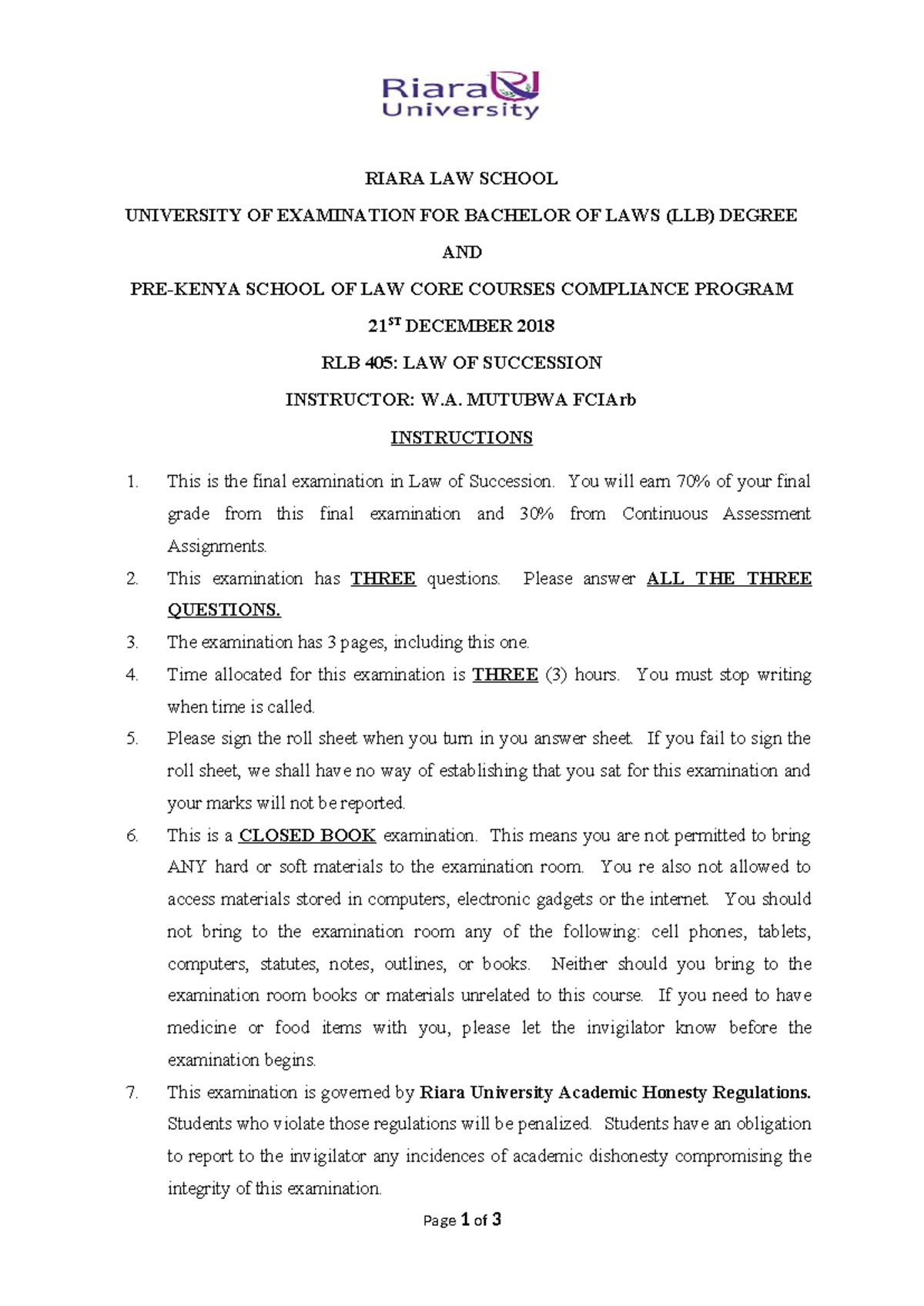 EXAM Law of Succession. DEC - RIARA LAW SCHOOL UNIVERSITY OF ...
