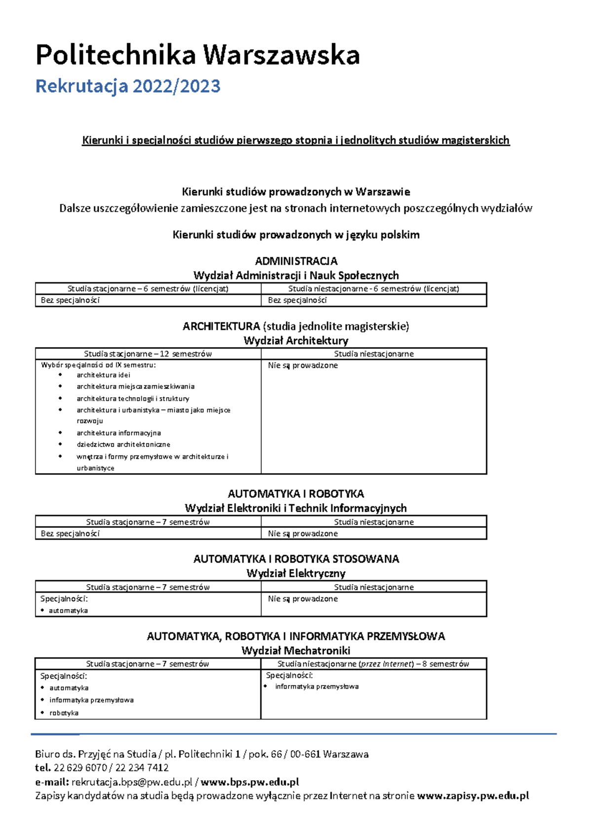 Kierunki i specjalności studiów pierwszego stopnia i jednolitych ...