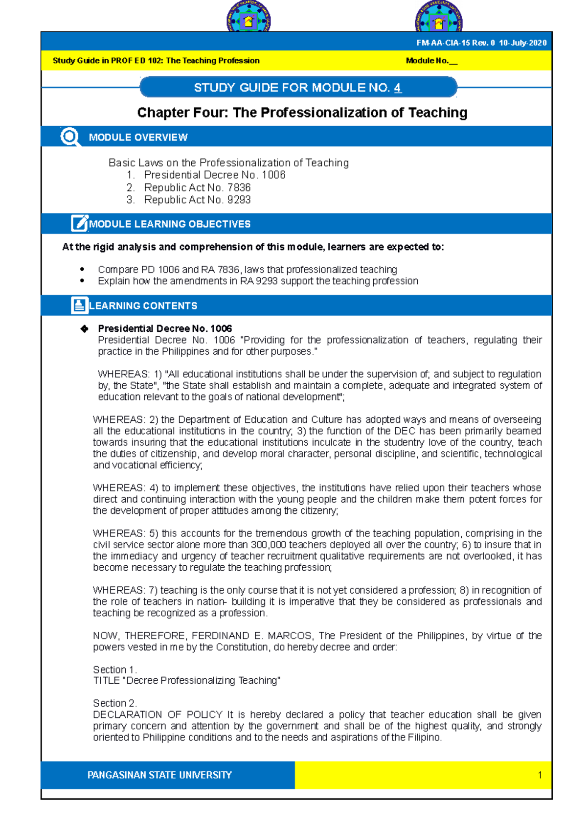 Study Guide 4 Teaching Profession - Chapter Four: The ...