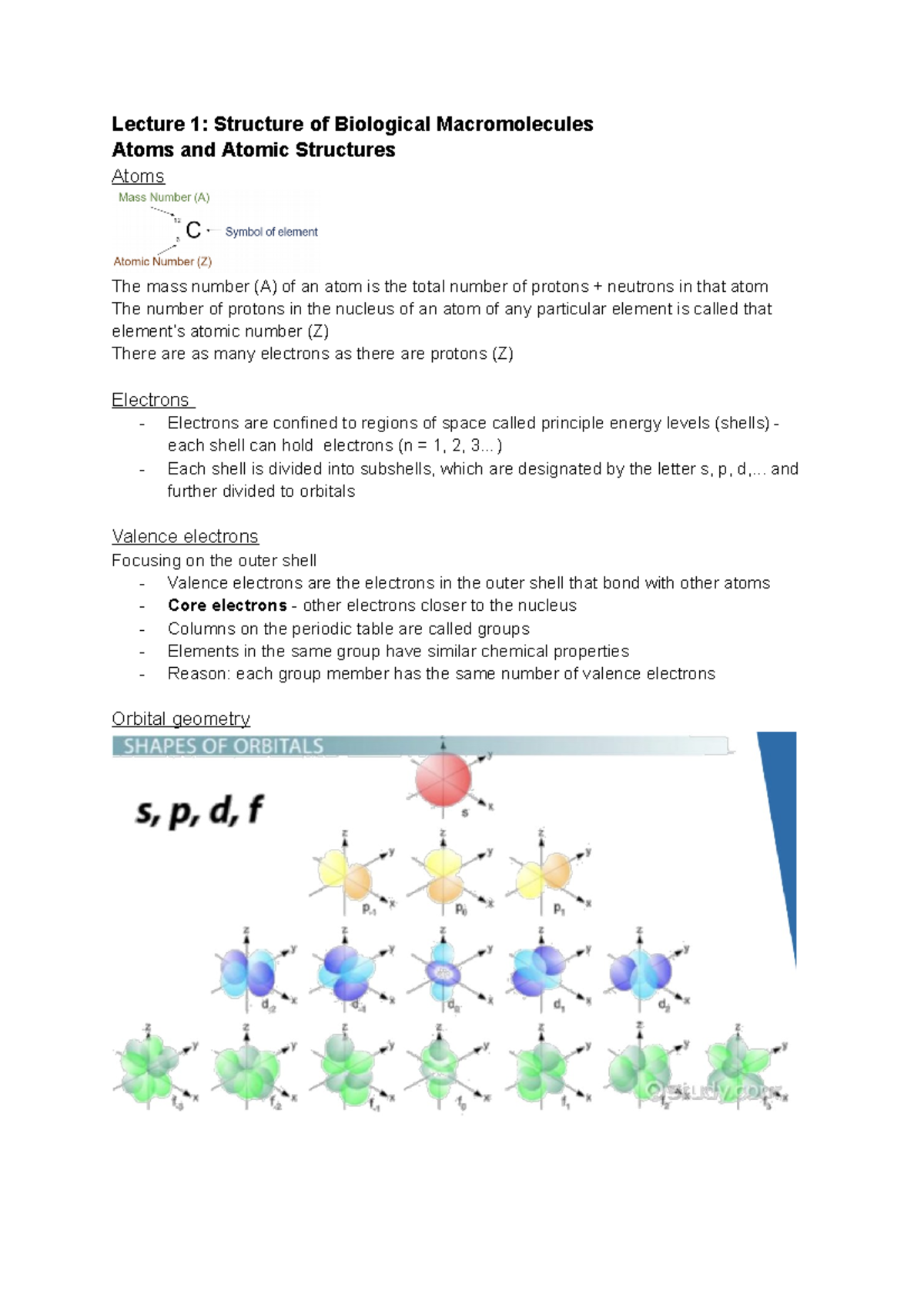 Lecture 1: atoms and atomic structures - Lecture 1: Structure of Biological Macromolecules Atoms ...