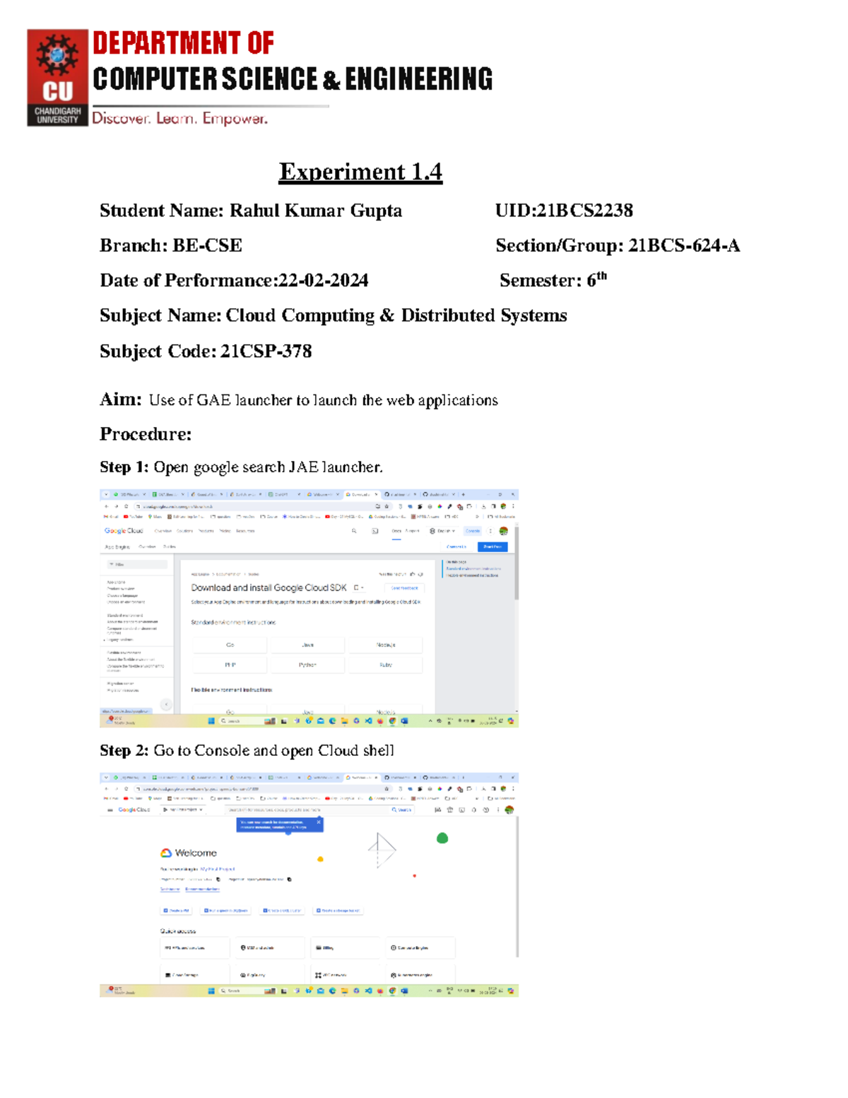 Rkg CC worksheet 1 - DEPARTMENT OF COMPUTER SCIENCE & ENGINEERING Experiment 1. Student Name ...
