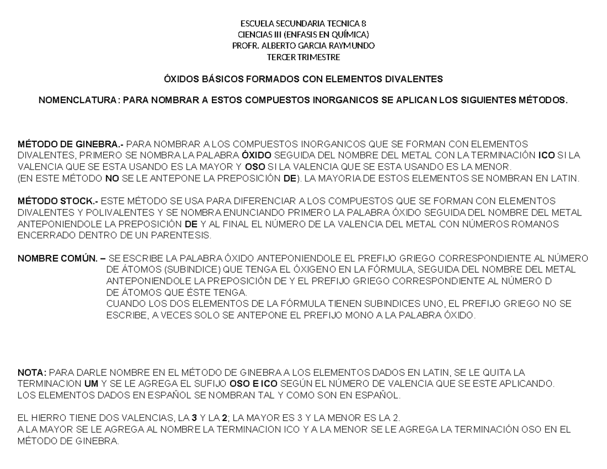 2do. TRIM. ( Óxidos Básicos CON Elementos Divalentes) - ESCUELA ...