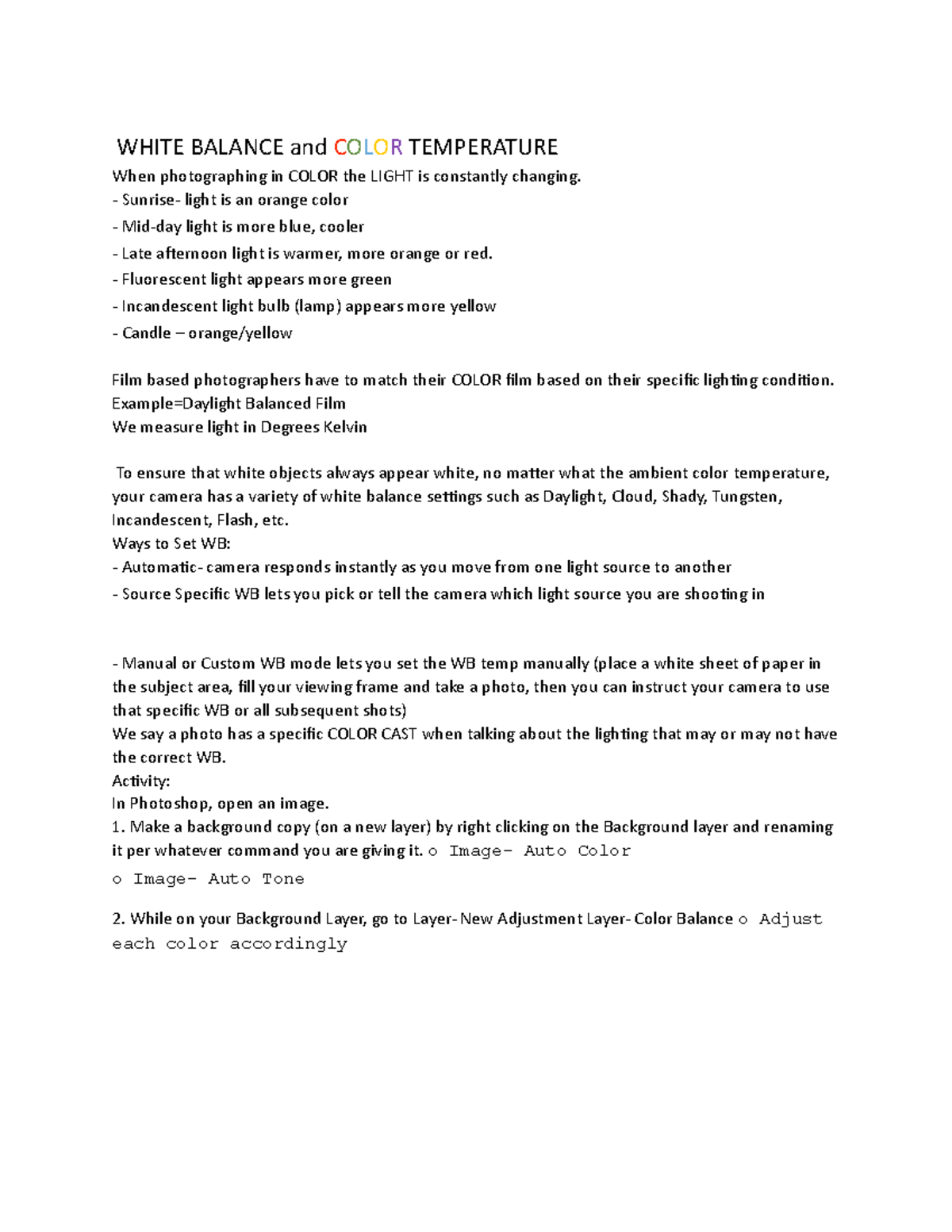 ARS 250 White Balance and Color Temp - WHITE BALANCE and COLOR ...