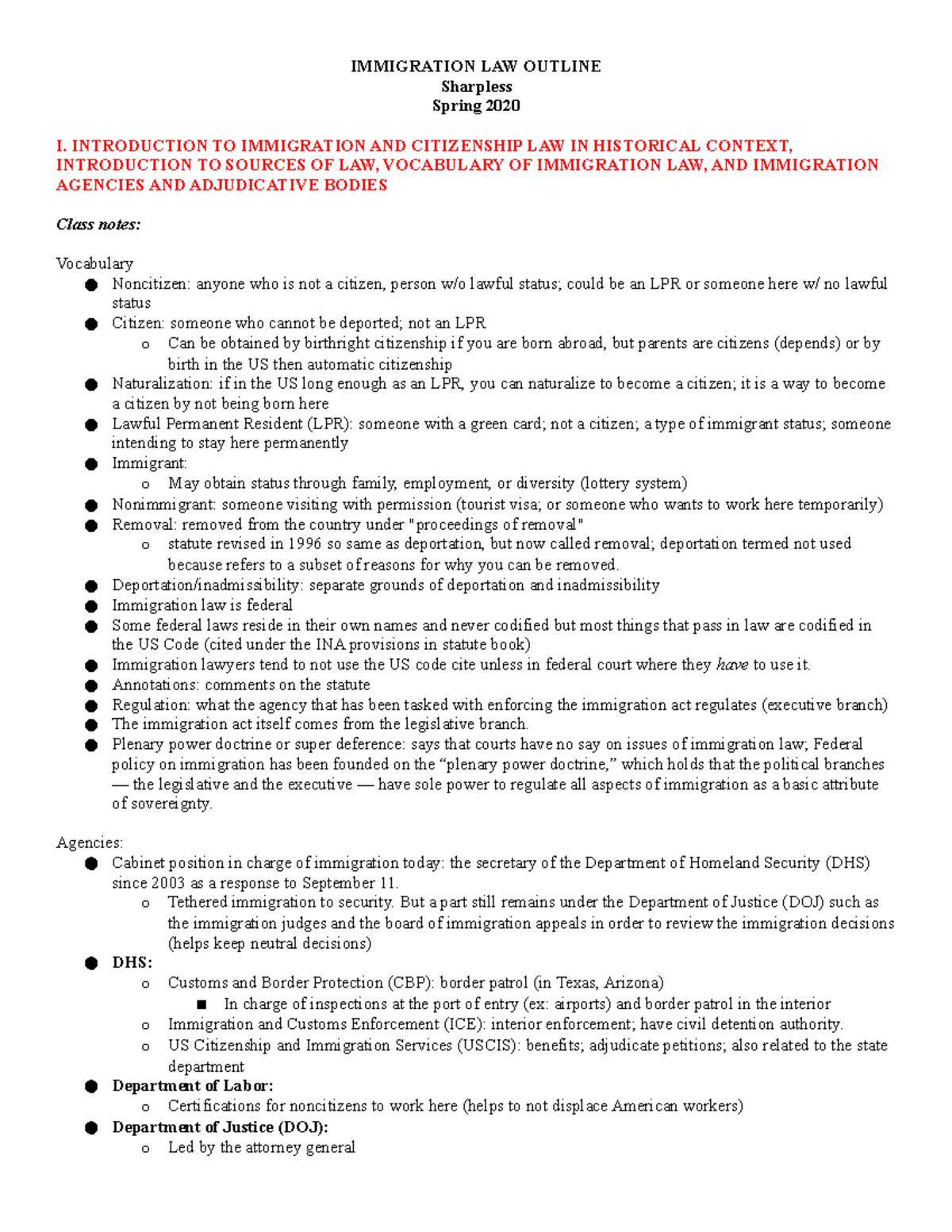 Immigration Outline - Sharpless-Spring 2020 - IMMIGRATION LAW OUTLINE ...