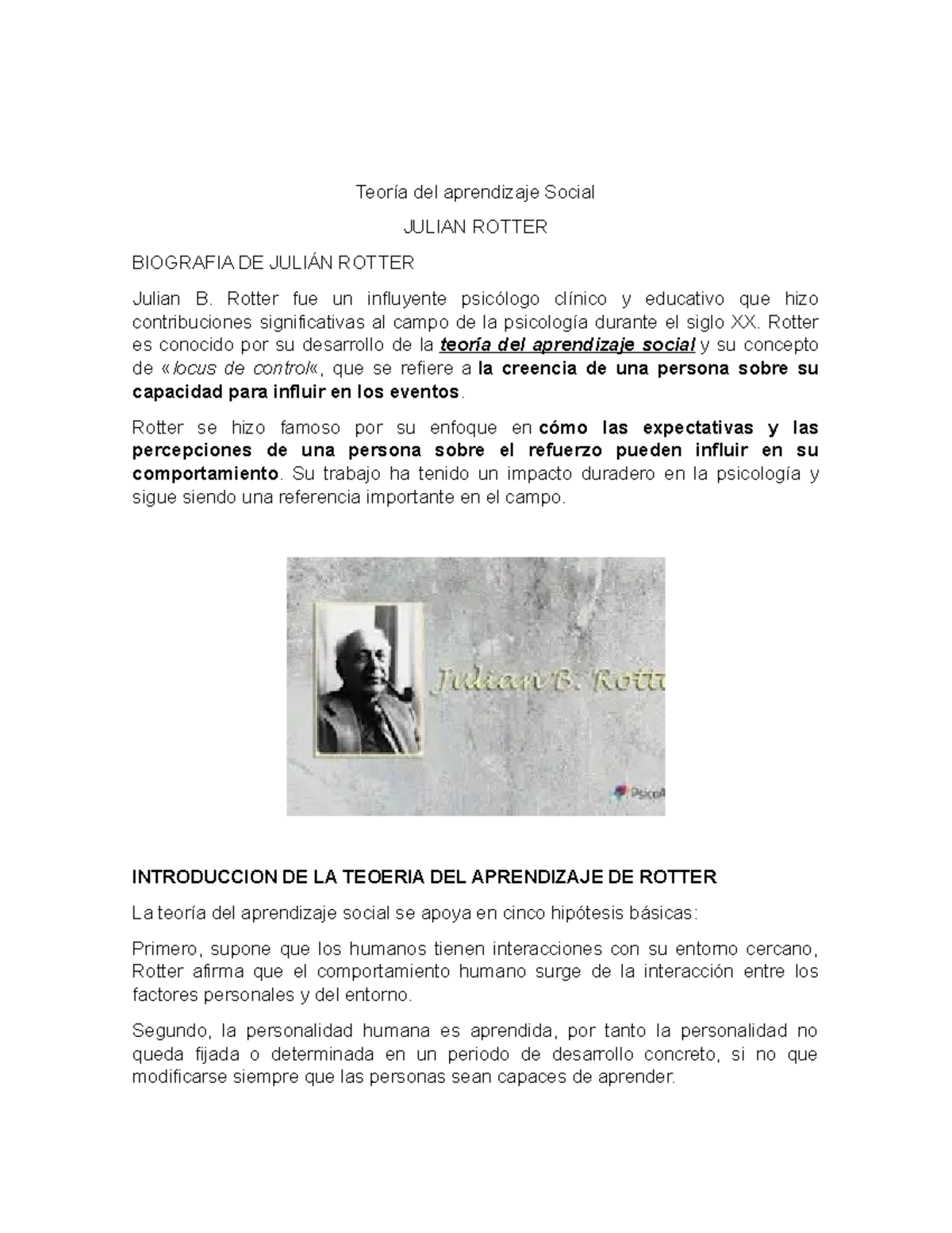 Resumen - Teoría del aprendizaje Social JULIAN ROTTER BIOGRAFIA DE ...