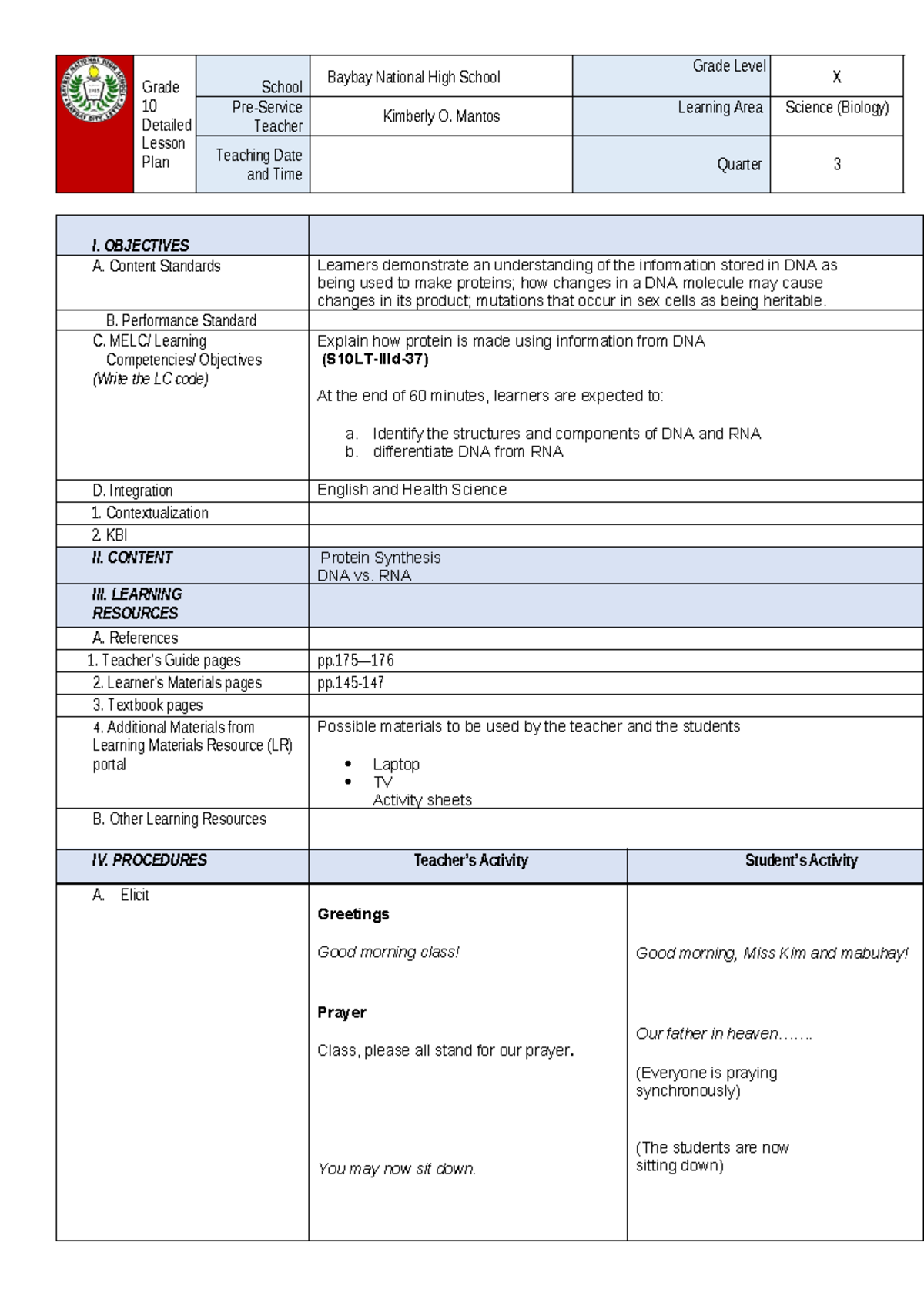 LP 1 - lesson plan - Grade 10 Detailed Lesson Plan School Baybay ...