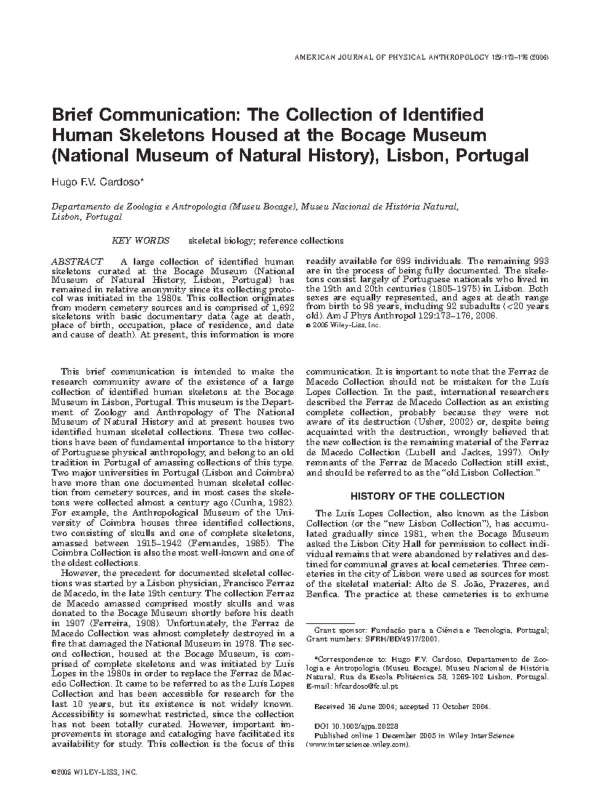 Brief Communication: The Collection of Identified Human Skeletons ...