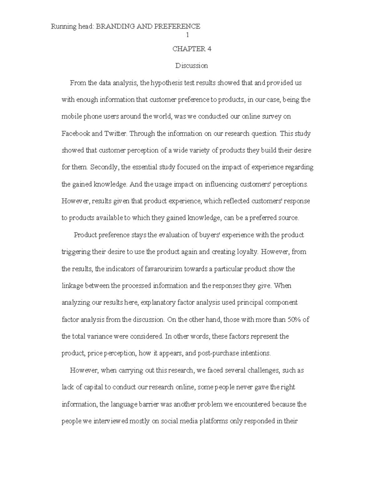 Chapter 4 - for students - Running head: BRANDING AND PREFERENCE 1 CHAPTER 4 Discussion From the ...