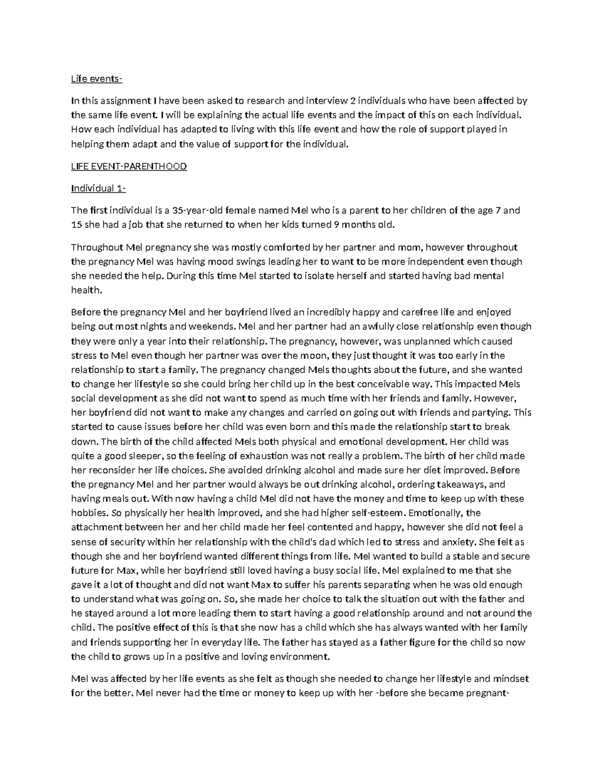 Lab course work - Life events- In this assignment I have been asked to ...