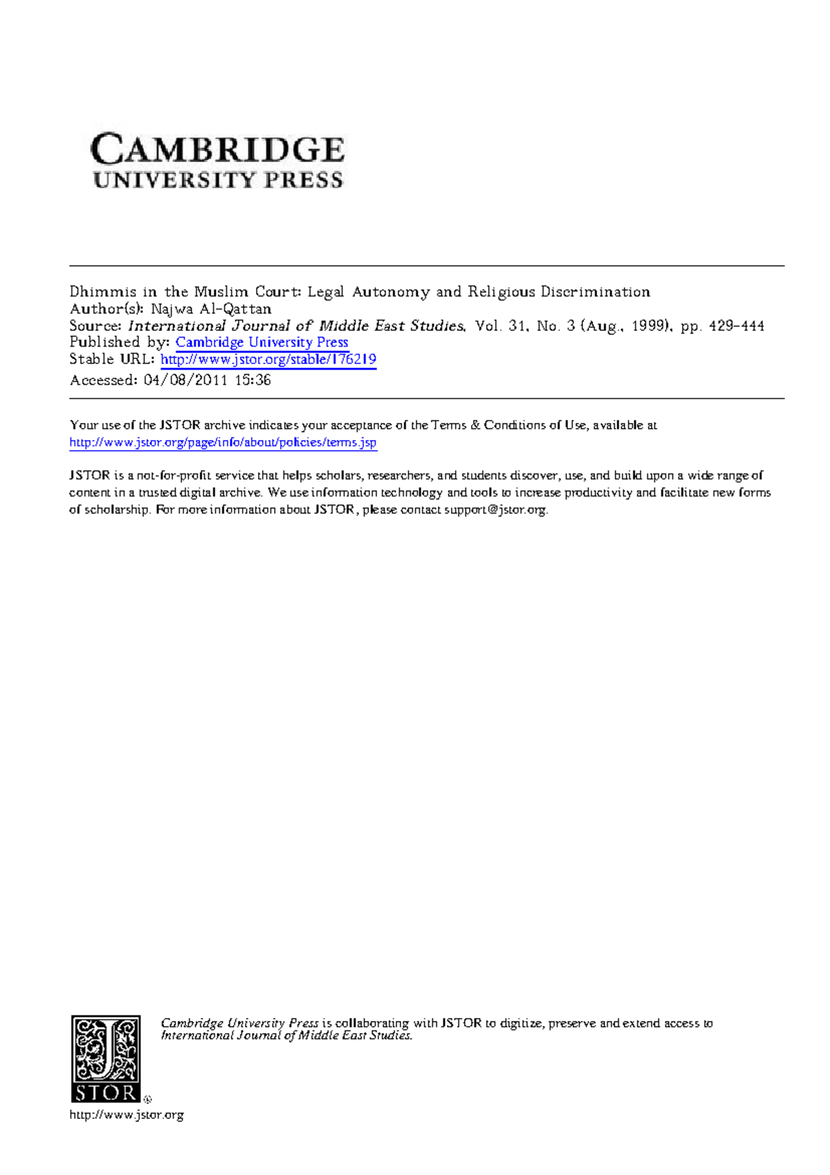 Al-Qattan - Dhimmis in the Muslim court - Legal autonomy and religious ...