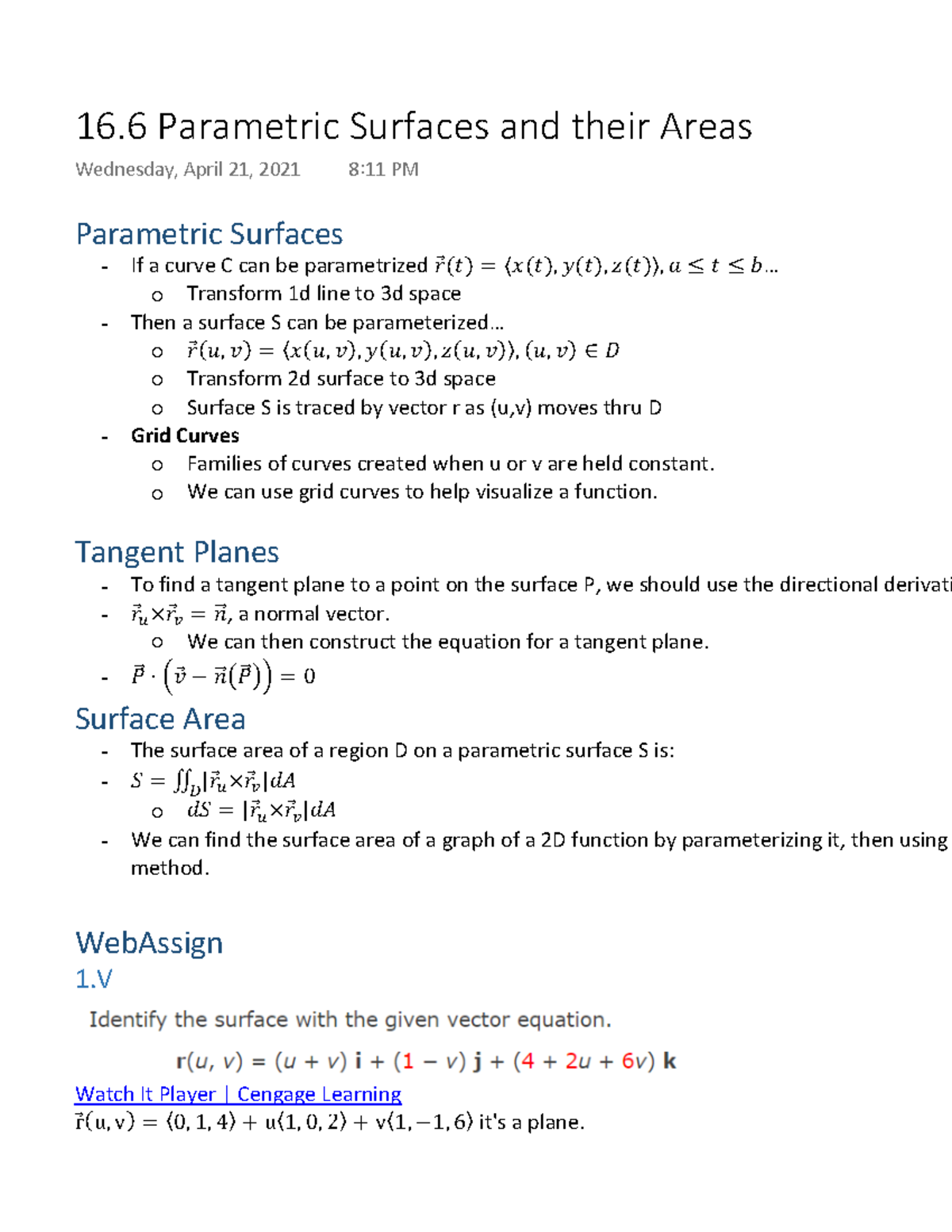16.6 Parametric Surfaces and their Areas - Parametric Surfaces If a ...