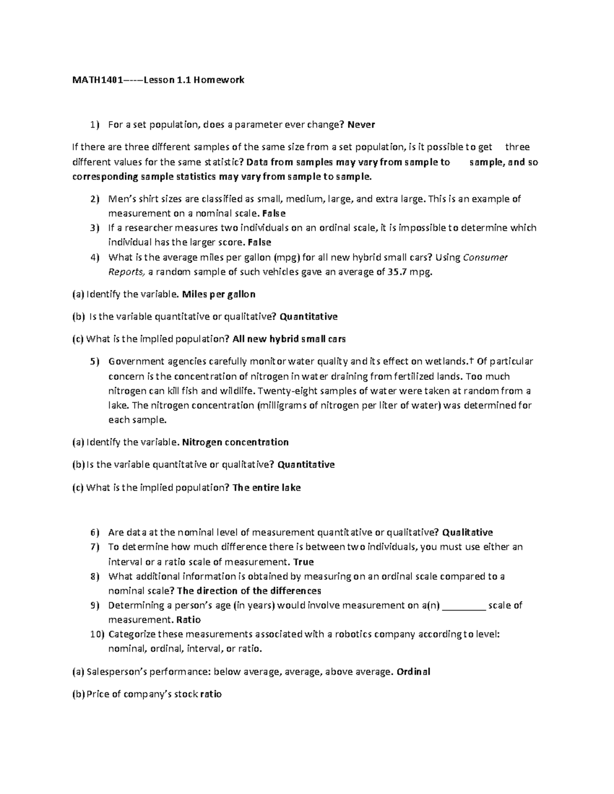 Math 1401 Lesson 1.1 Homework - MATH1401-Lesson 1 Homework For a set ...
