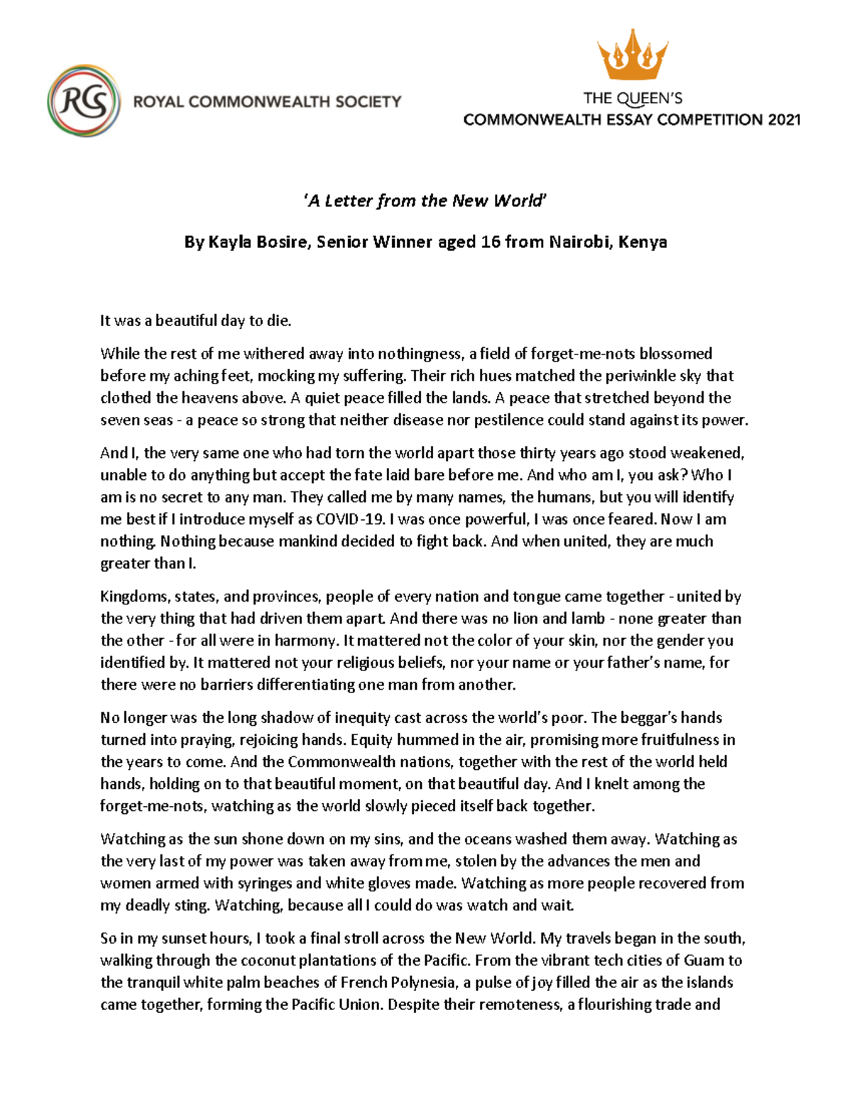 A letter from the new world - ‘A Letter from the New World’ By Kayla ...