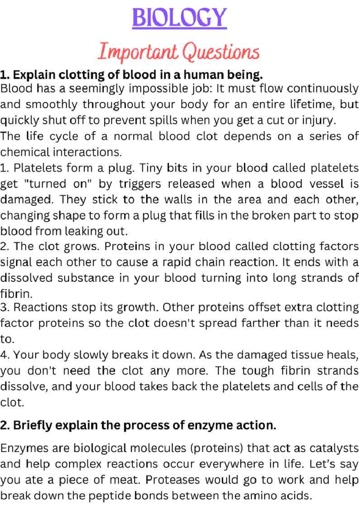 Biology Important Questions 1 - biology - Studocu