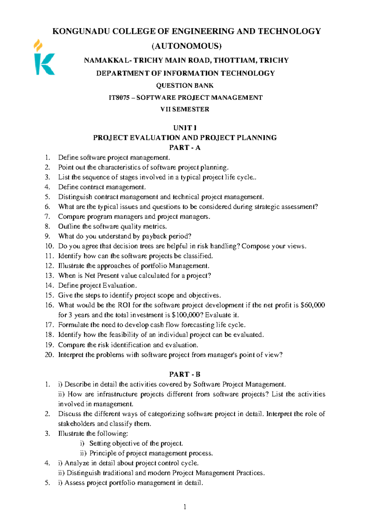 9. SPM Question Bank - KONGUNADU COLLEGE OF ENGINEERING AND TECHNOLOGY ...