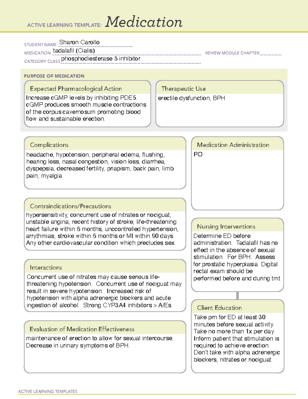 Cialis - ALT - ACTIVE LEARNING TEMPLATES Medication STUDENT NAME - Studocu