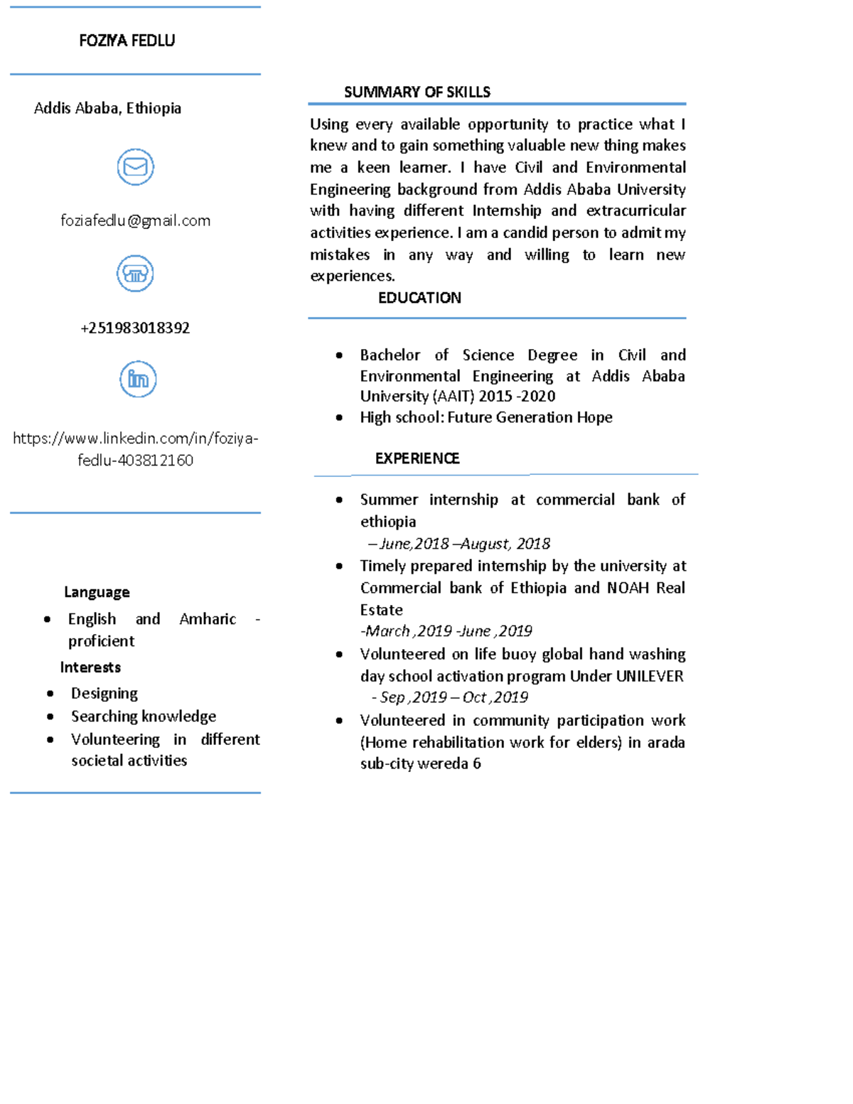 Foziya Fedlu's CV - FOZIYA FEDLU Addis Ababa, Ethiopia foziafedlu@gmail + linkedin/in/foziya ...
