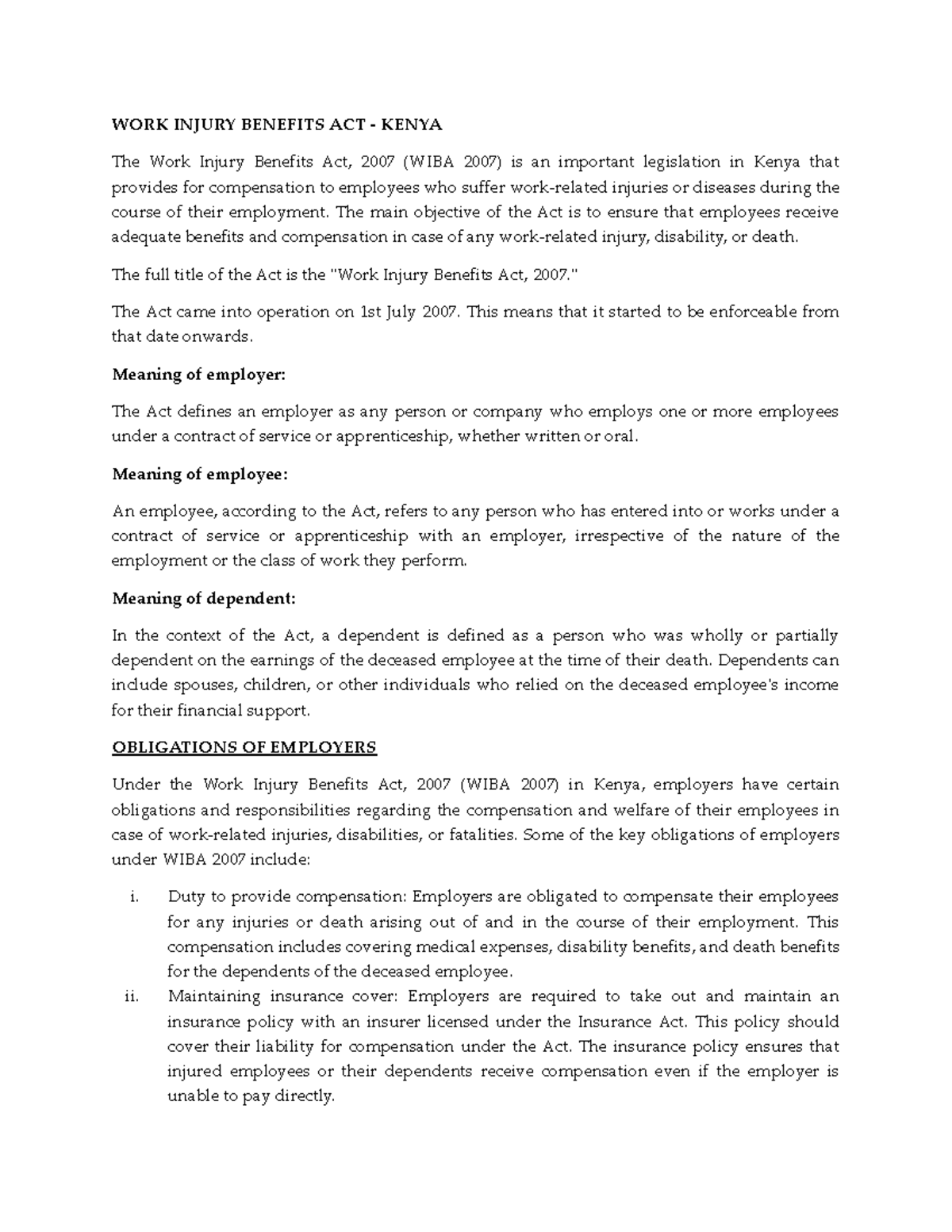 WIBA - WORK INJURY BENEFITS ACT - KENYA The Work Injury Benefits Act ...