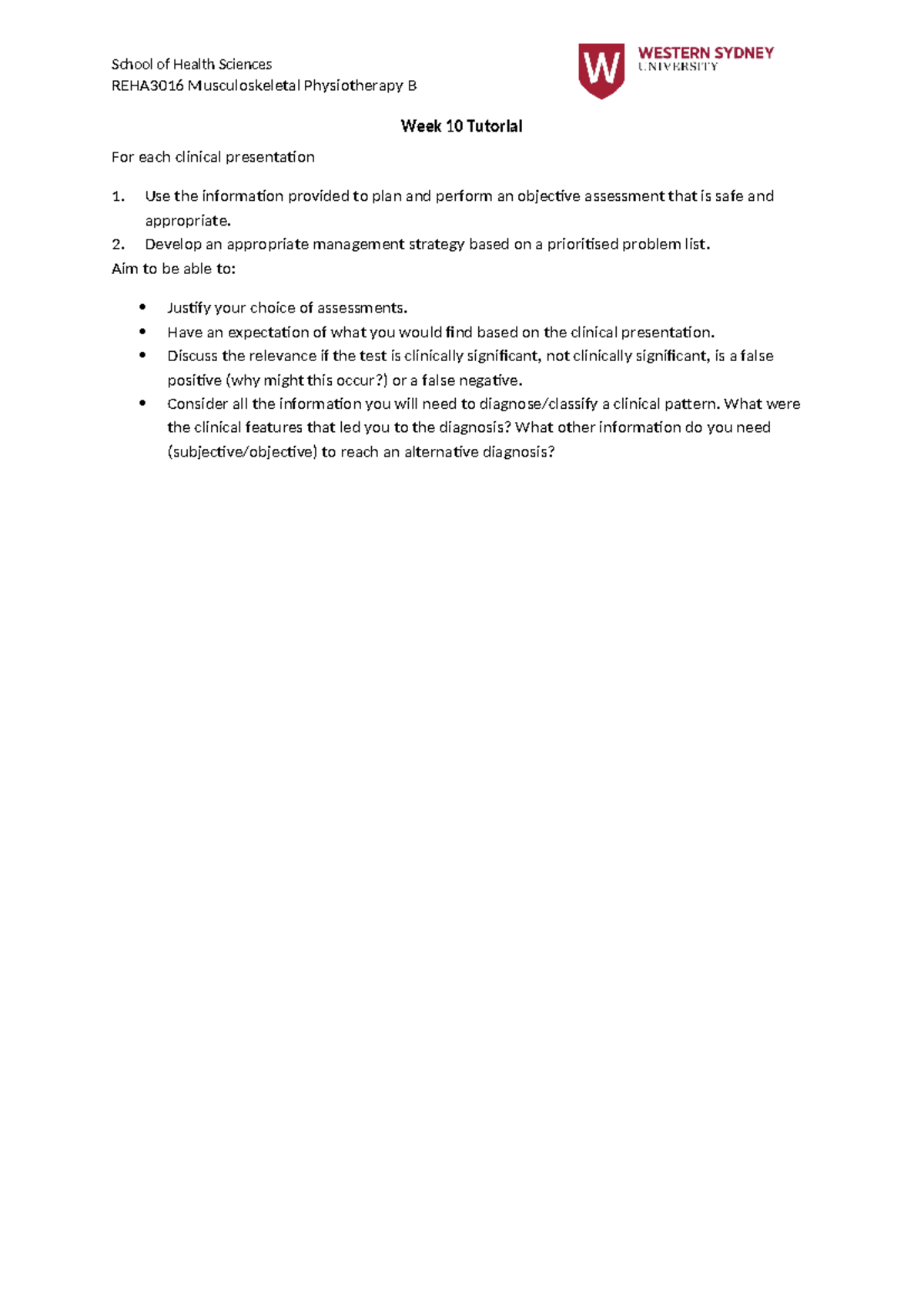 Week 10 - Tutorial Ms B - REHA3016 Musculoskeletal Physiotherapy B Week ...