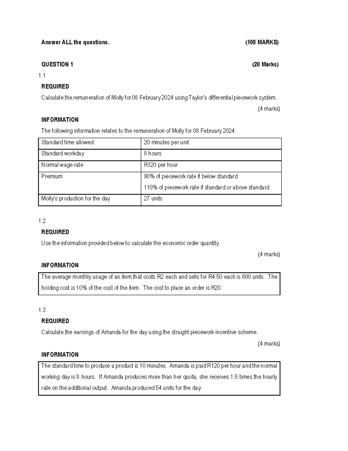 Online Summative - Answer ALL the questions. (100 MARKS) QUESTION 1 (20 Marks) 1. REQUIRED ...