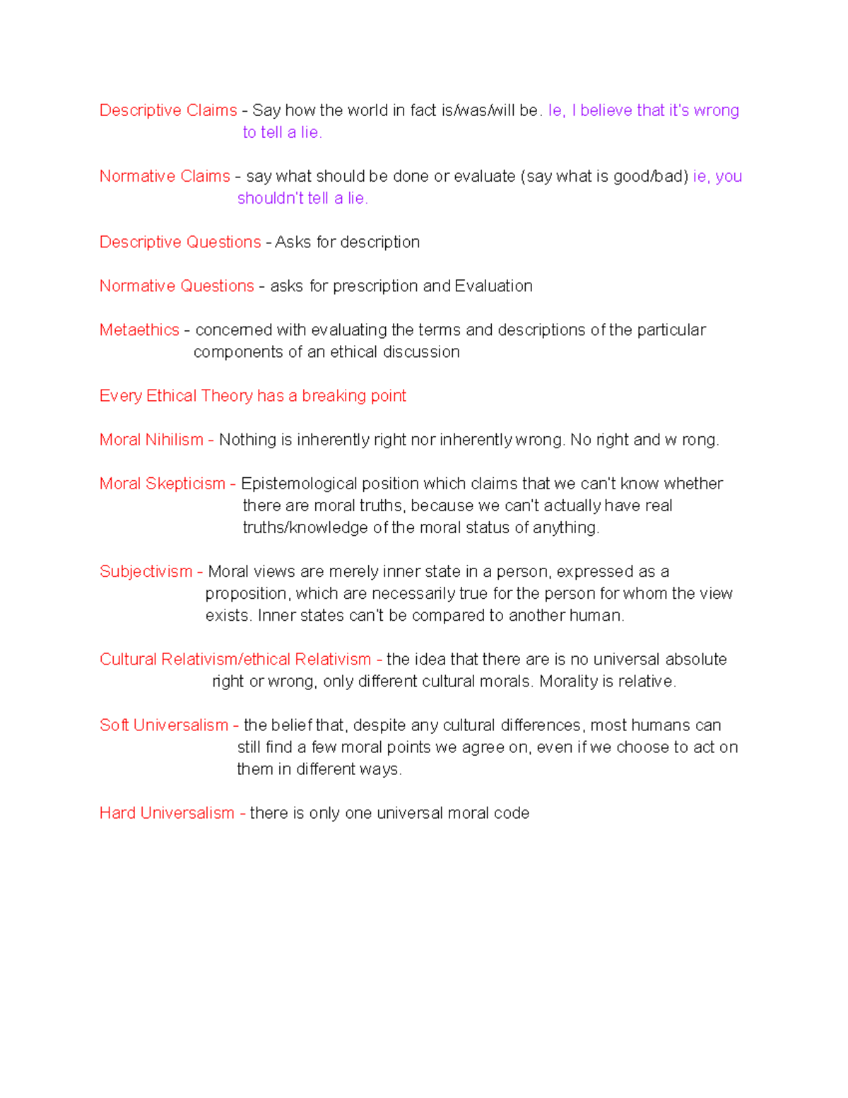 PCC - Ethics Notes-2 - Lecture notes 4 - Descriptive Claims Say how the ...