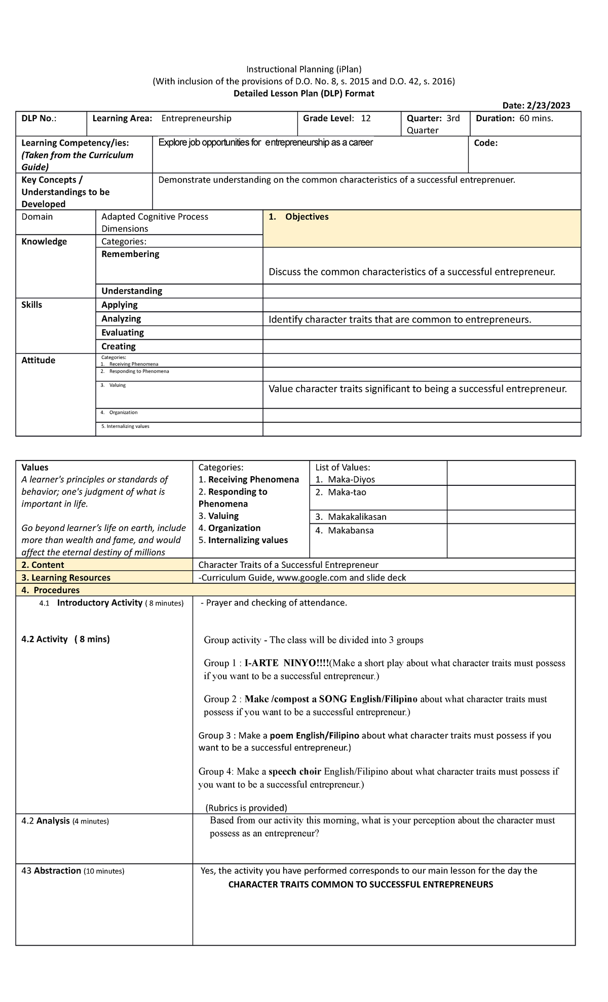 DLP 2 Entrep - Sample Lesson Plan - Instructional Planning (iPlan ...