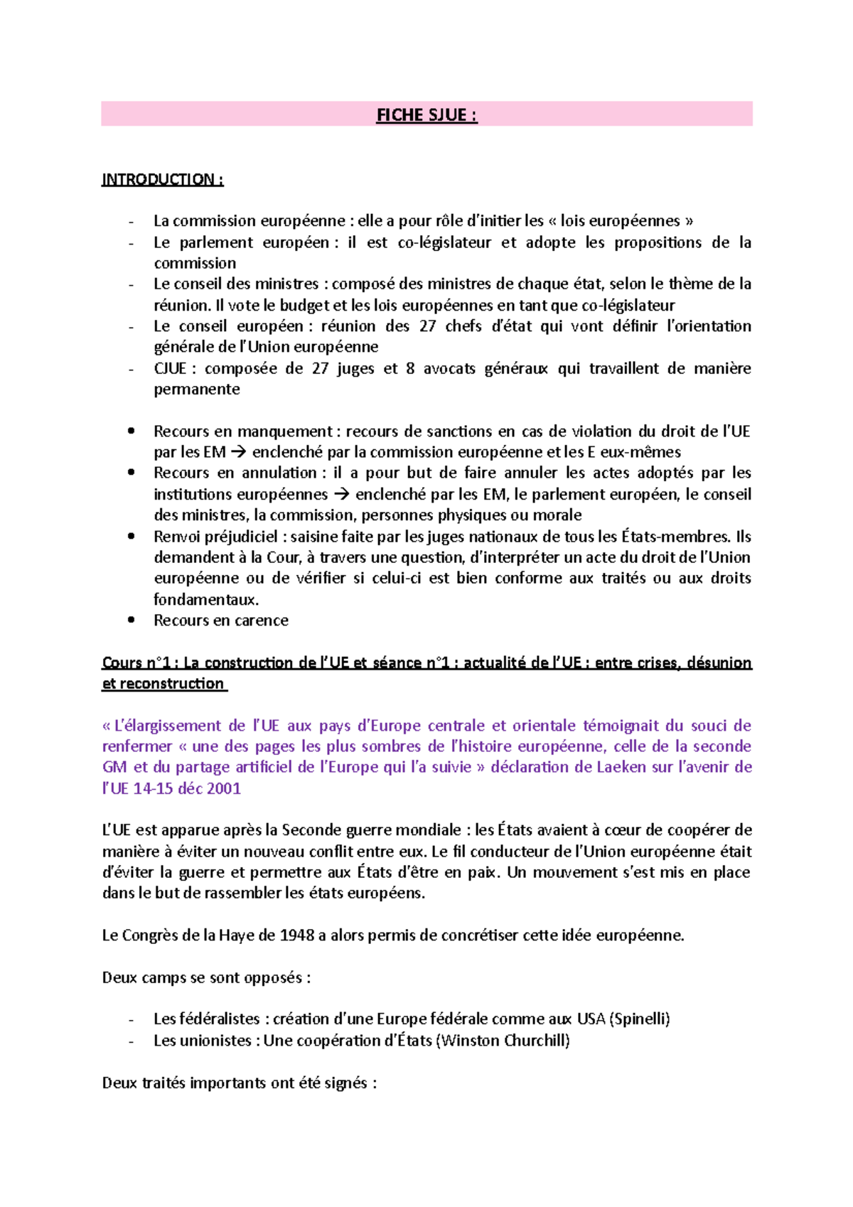 Fiche SJUE - FICHE SJUE : INTRODUCTION : La commission européenne ...