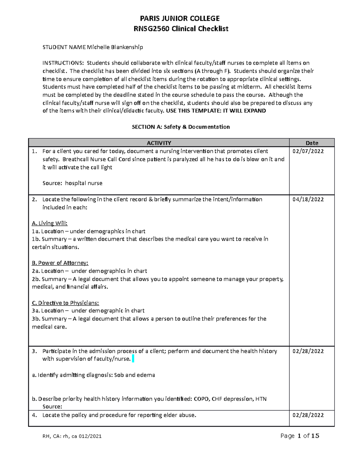 Clinical Checklist hospital things and skills one must complete ...