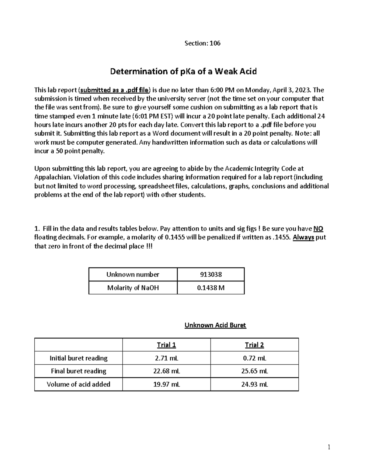 P Ka weak acid template spring 2023 - Section: 106 Determination of pKa ...