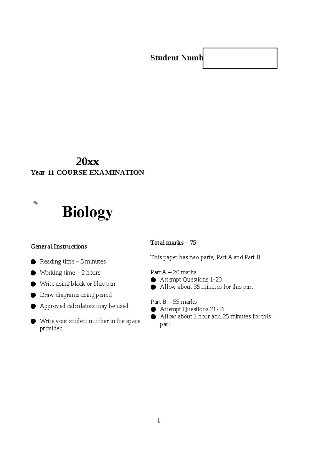 Year 11 Biology Practice exam - 20xx Year 11 COURSE EXAMINATION Biology ...