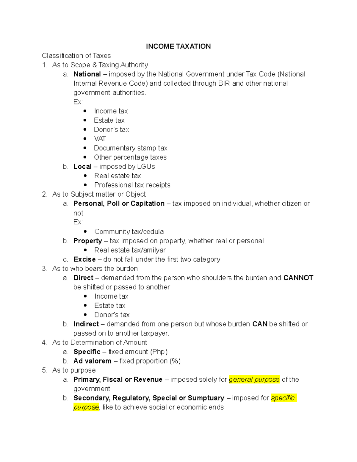 Income Taxation Ariel Serrano - INCOME TAXATION Classification of Taxes ...