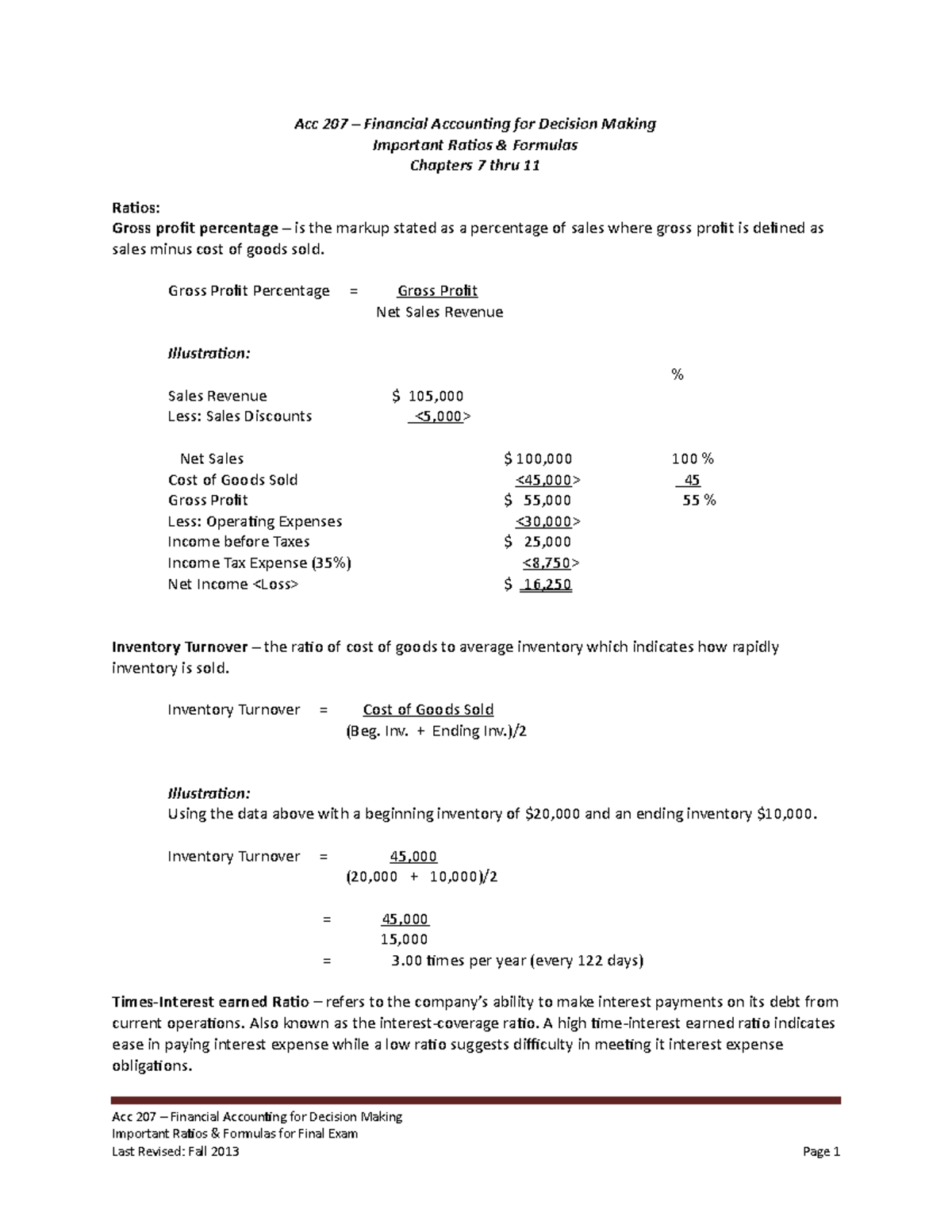 Ratios & Formulas for Final - Acc 207 – Financial Accounting for ...
