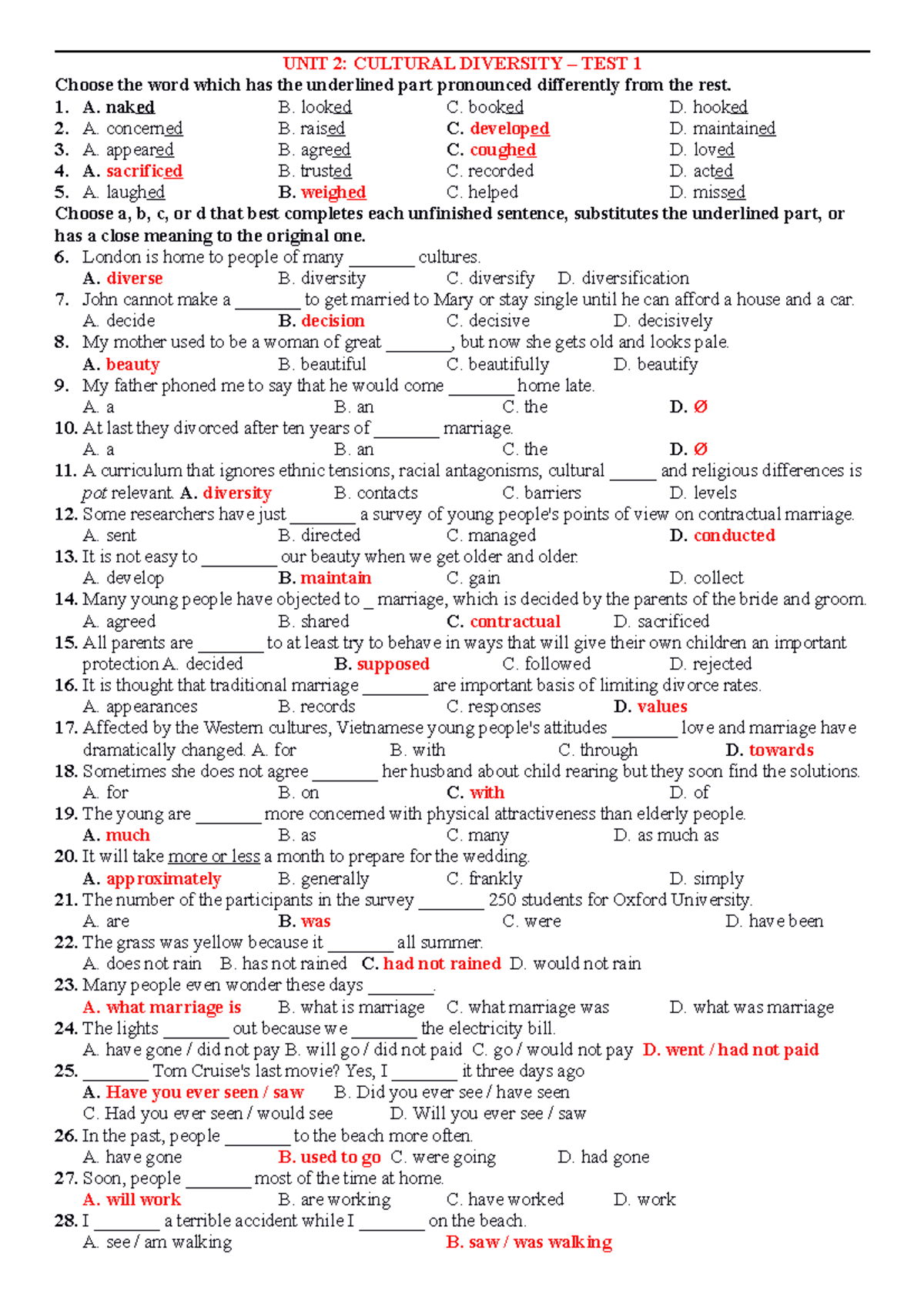 KEY TEST 1 U2 - REVIEWING - UNIT 2: CULTURAL DIVERSITY – TEST 1 Choose ...