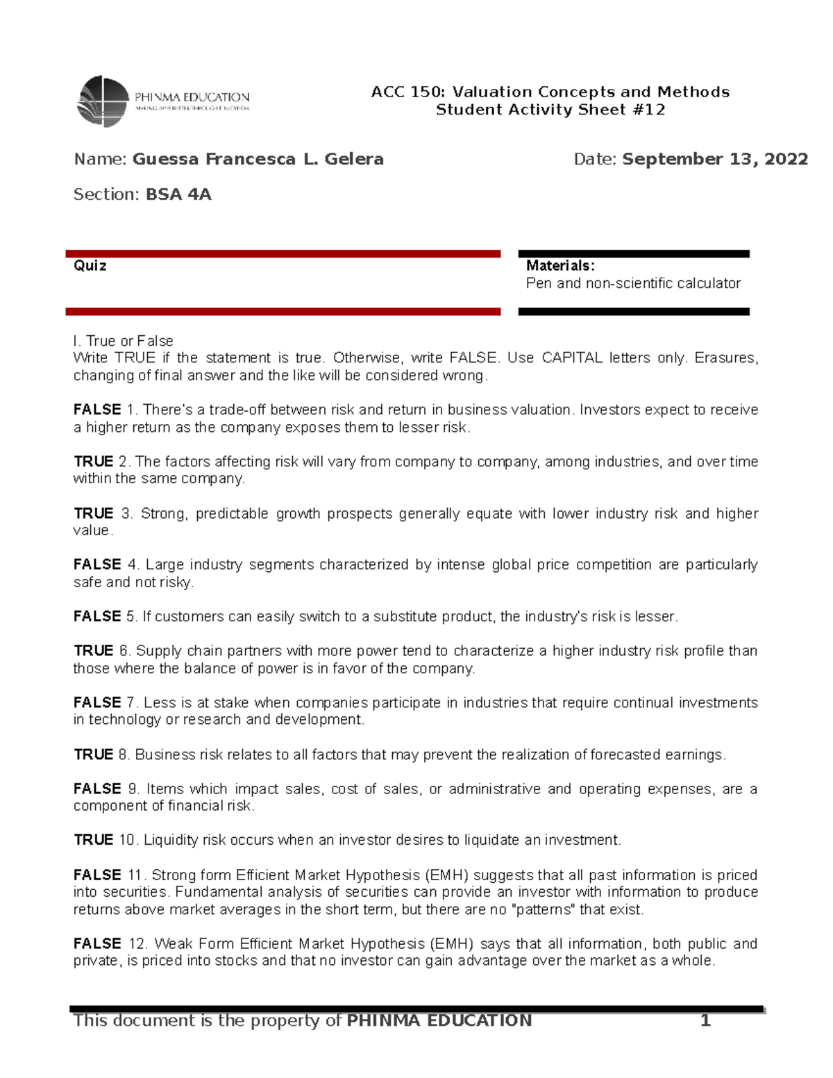 Module 12 QUIZ - Valuation Concepts and Methods - ACC 150: Valuation ...