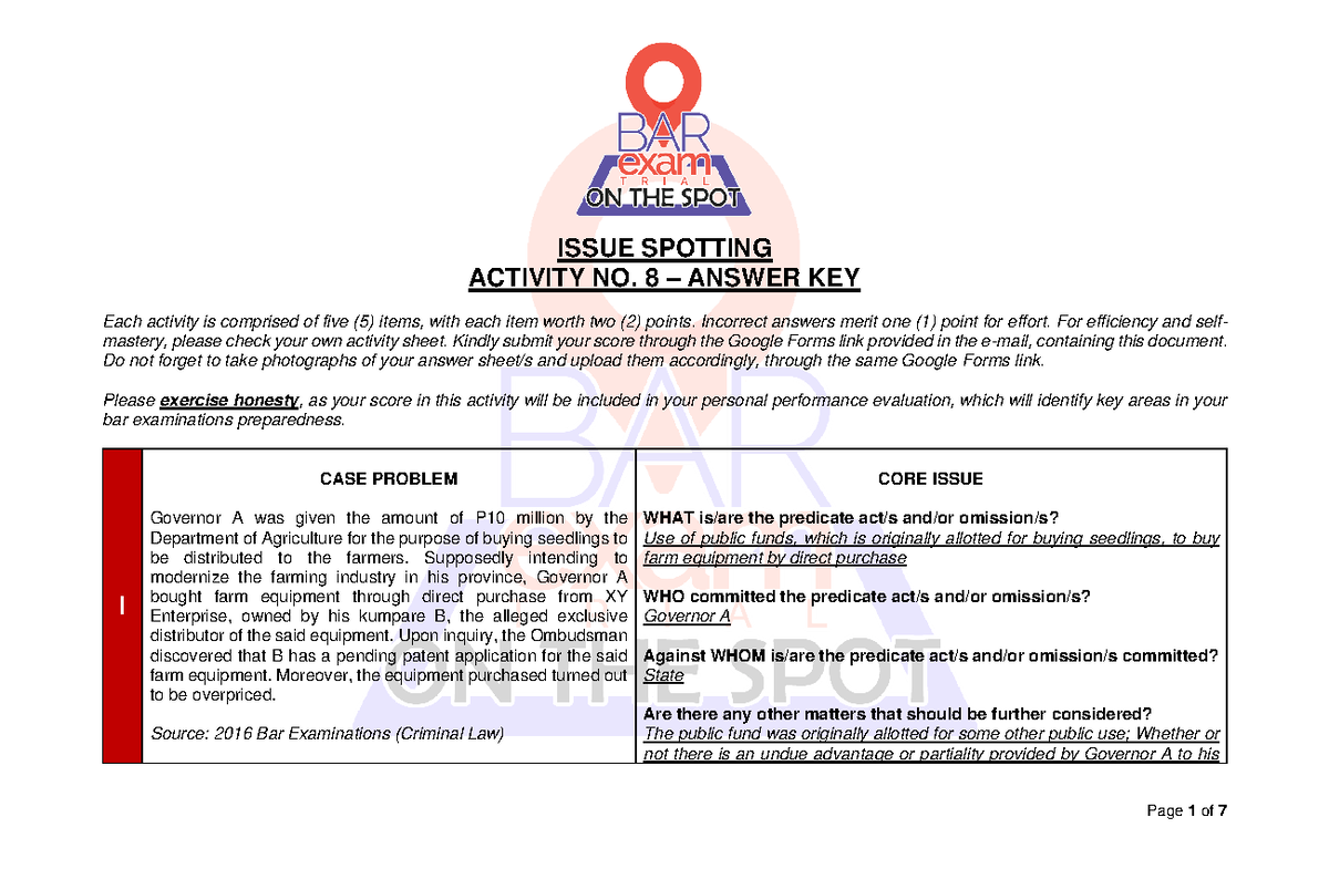 Answer KEY - Issue Spotting - Activity No 8 (Criminal Law) - ISSUE ...