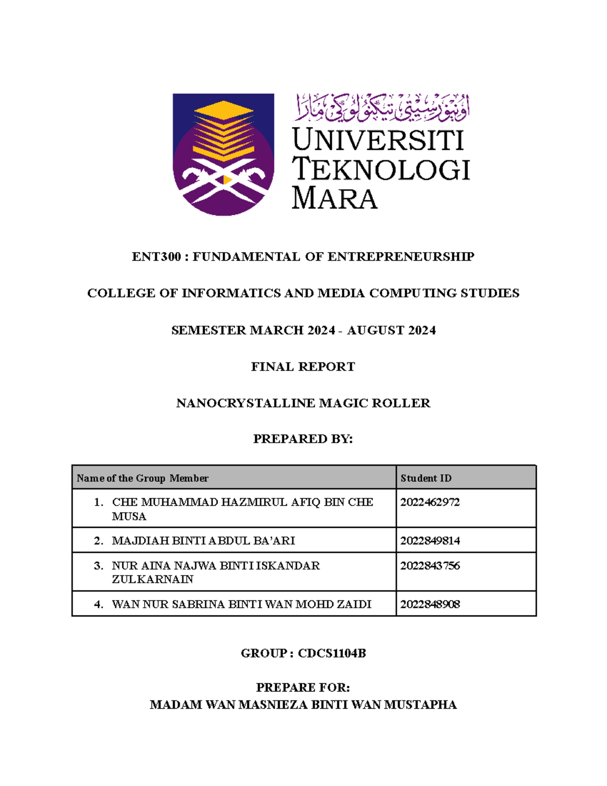 ENT300 Admin PLAN - ENT300 : FUNDAMENTAL OF ENTREPRENEURSHIP COLLEGE OF ...