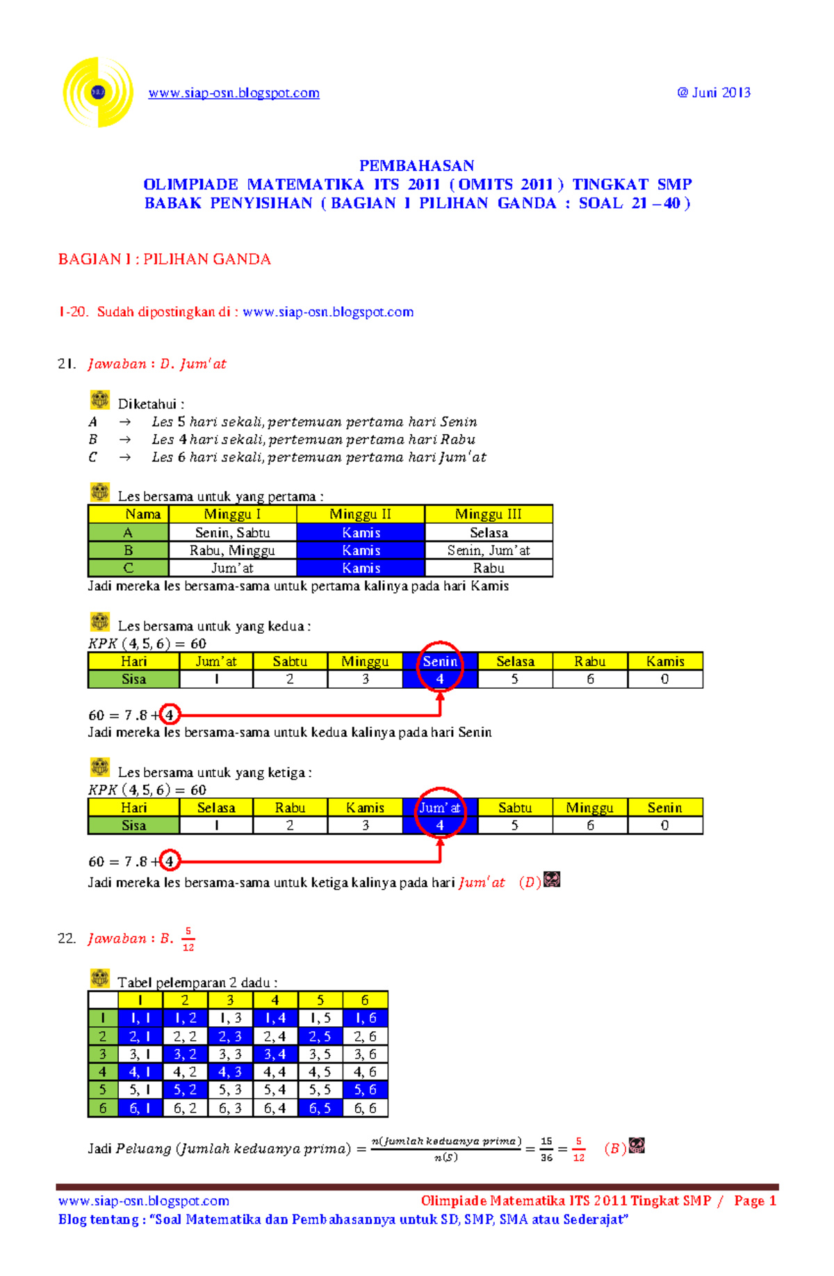 Pembahasan Olimpiade Matematika ITS 2011 Tingkat SMP Babak Penyisihan ( Bagian I Pilihan Ganda ...