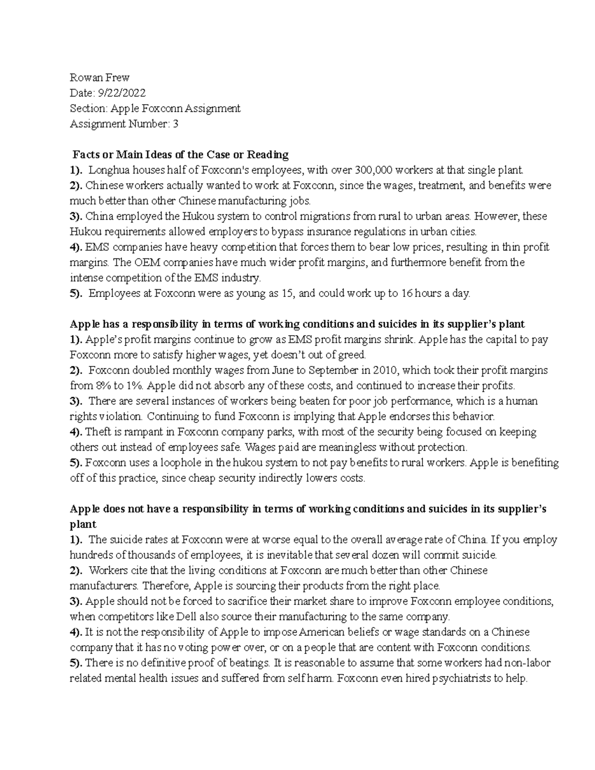 Apple Foxconn - efefe - Rowan Frew Date: 9/22/ Section: Apple Foxconn ...